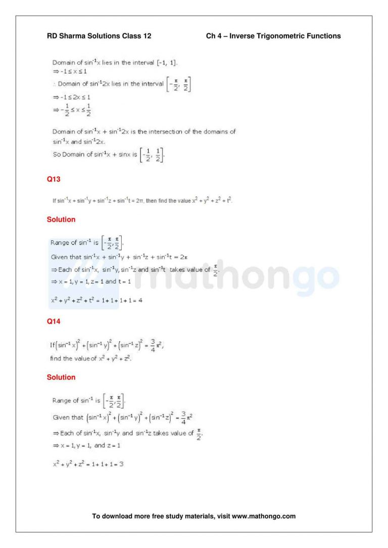 RD Sharma Class 12 Maths Solutions Chapter 4 – Inverse Trigonometric Functions – MathonGo