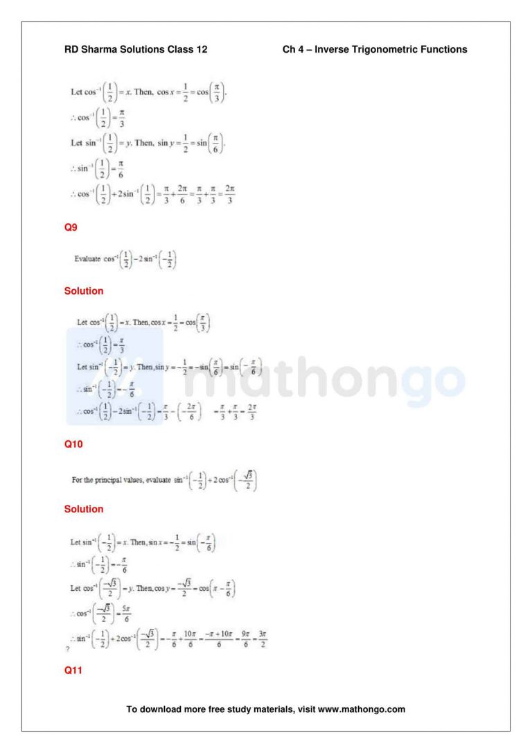 RD Sharma Class 12 Maths Solutions Chapter 4 – Inverse Trigonometric Functions – MathonGo