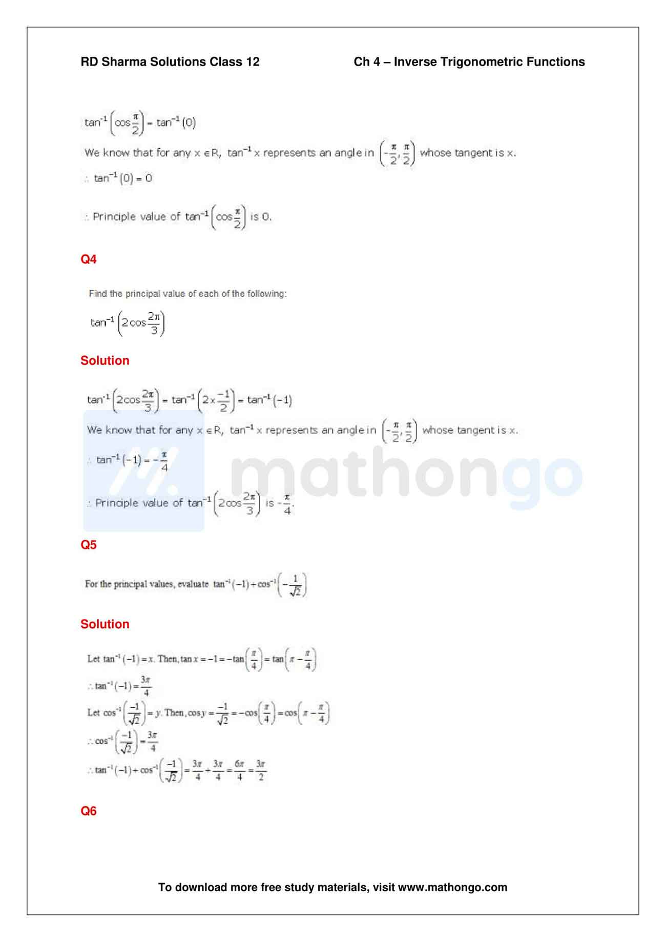 RD Sharma Class 12 Maths Solutions Chapter 4 – Inverse Trigonometric Functions – MathonGo