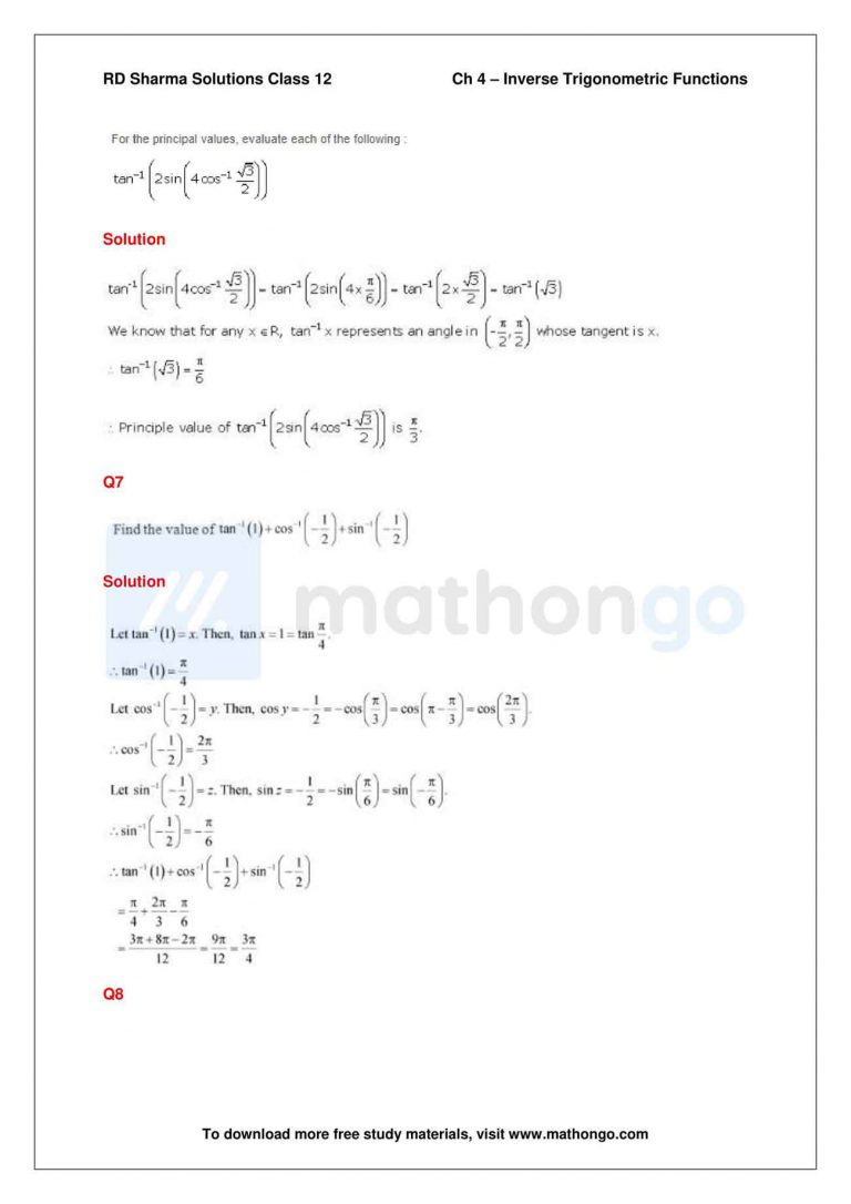 RD Sharma Class 12 Maths Solutions Chapter 4 – Inverse Trigonometric Functions – MathonGo