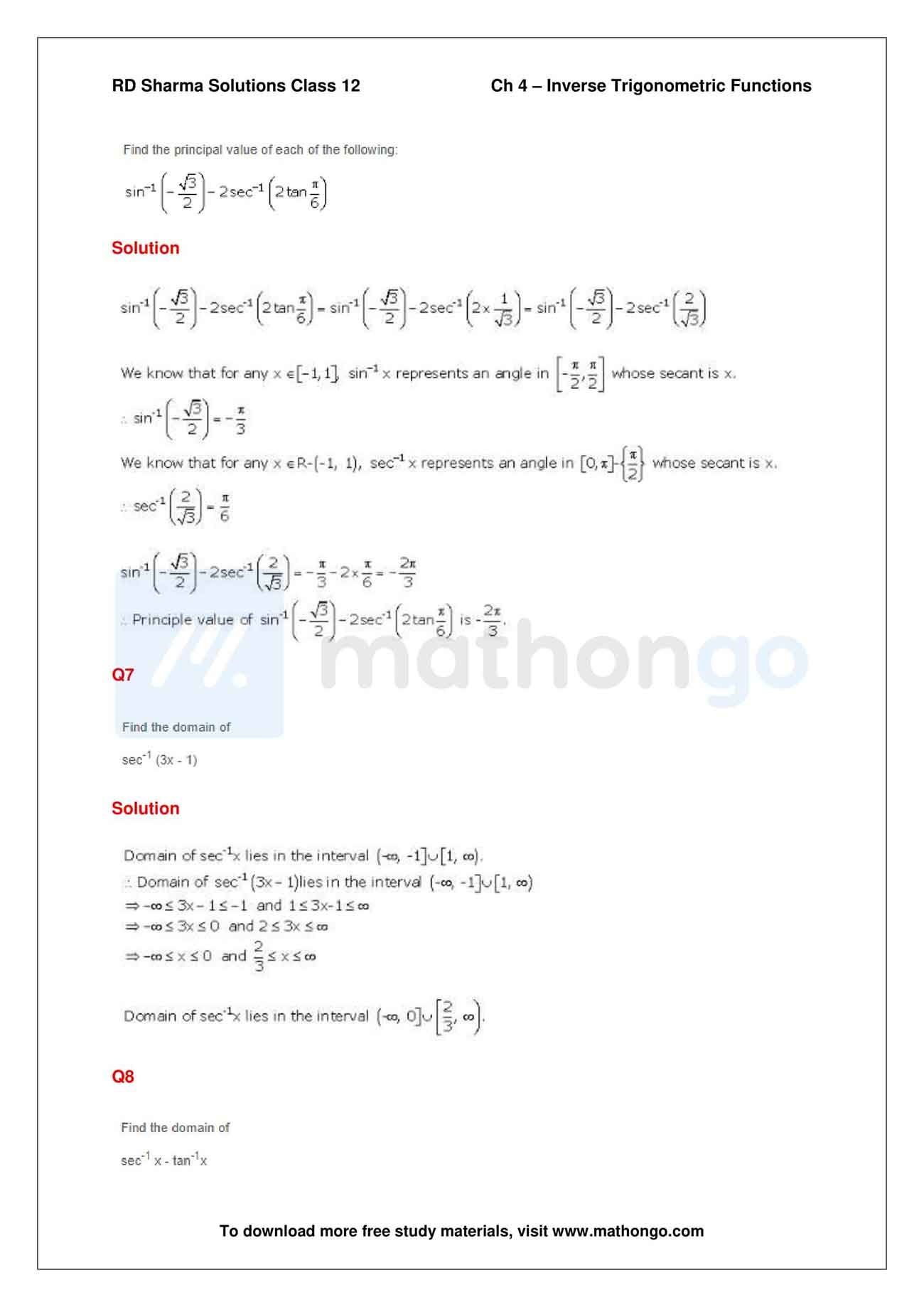 RD Sharma Class 12 Maths Solutions Chapter 4 – Inverse Trigonometric Functions – MathonGo