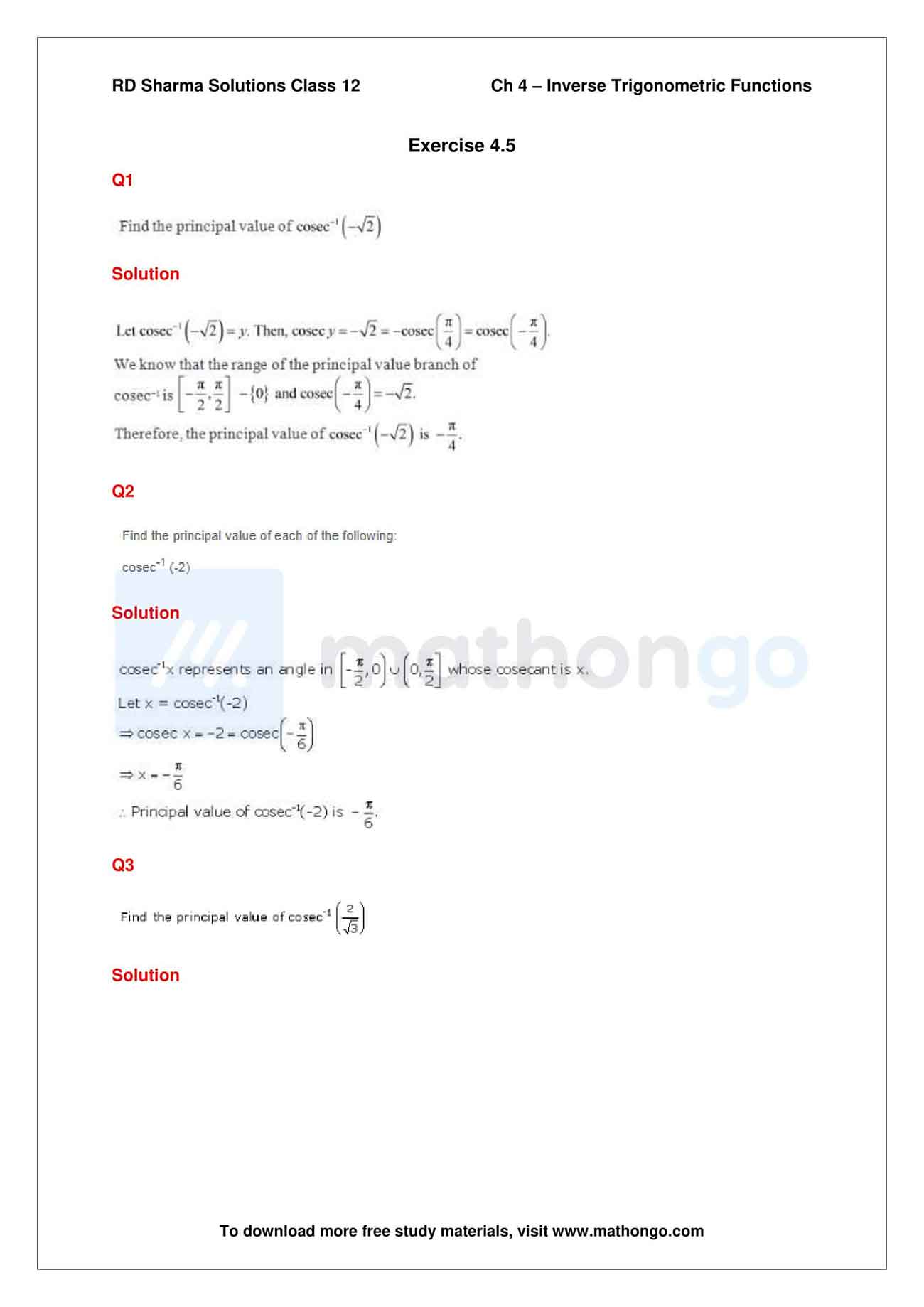 RD Sharma Class 12 Maths Solutions Chapter 4 – Inverse Trigonometric Functions – MathonGo