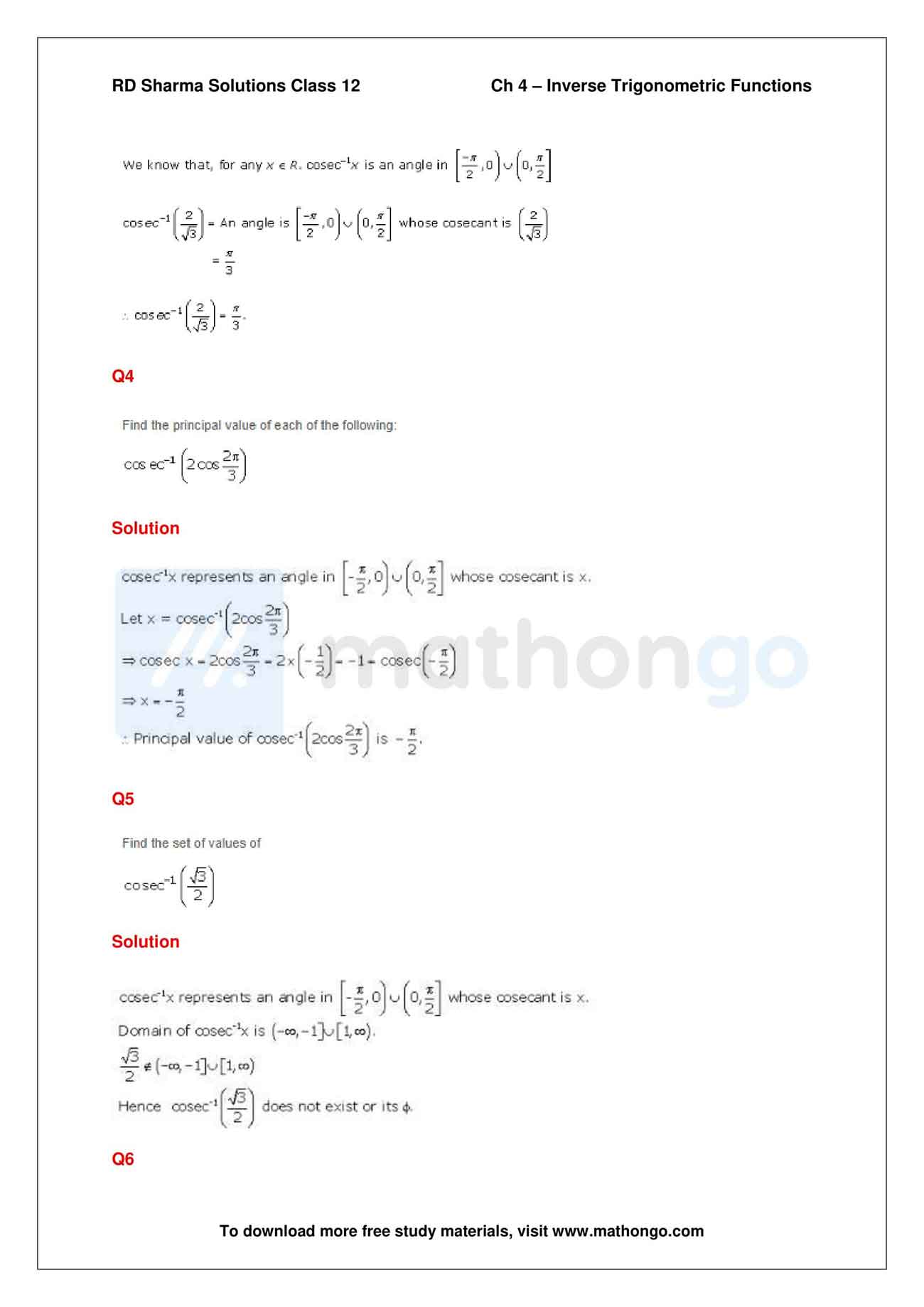 RD Sharma Class 12 Maths Solutions Chapter 4 – Inverse Trigonometric Functions – MathonGo