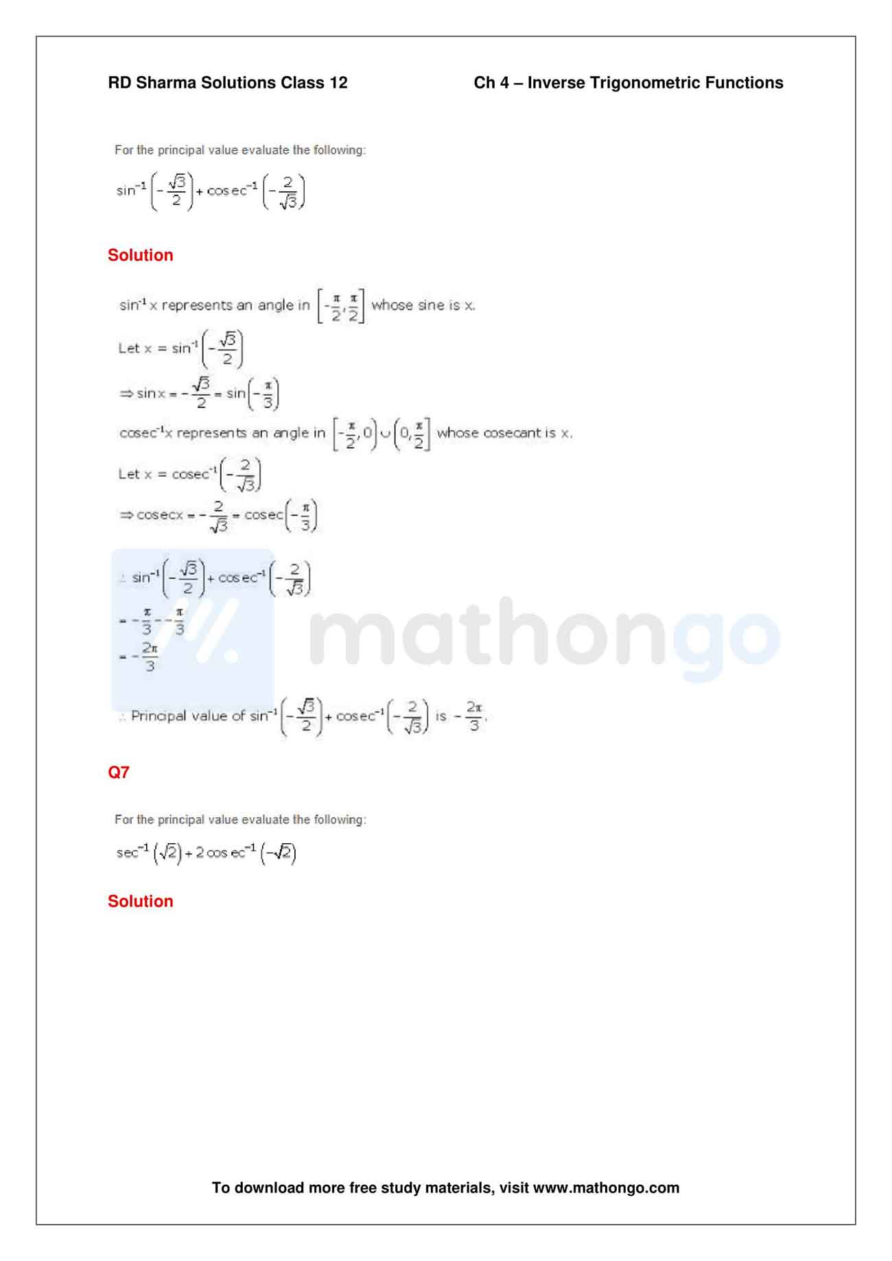 RD Sharma Class 12 Maths Solutions Chapter 4 – Inverse Trigonometric Functions – MathonGo