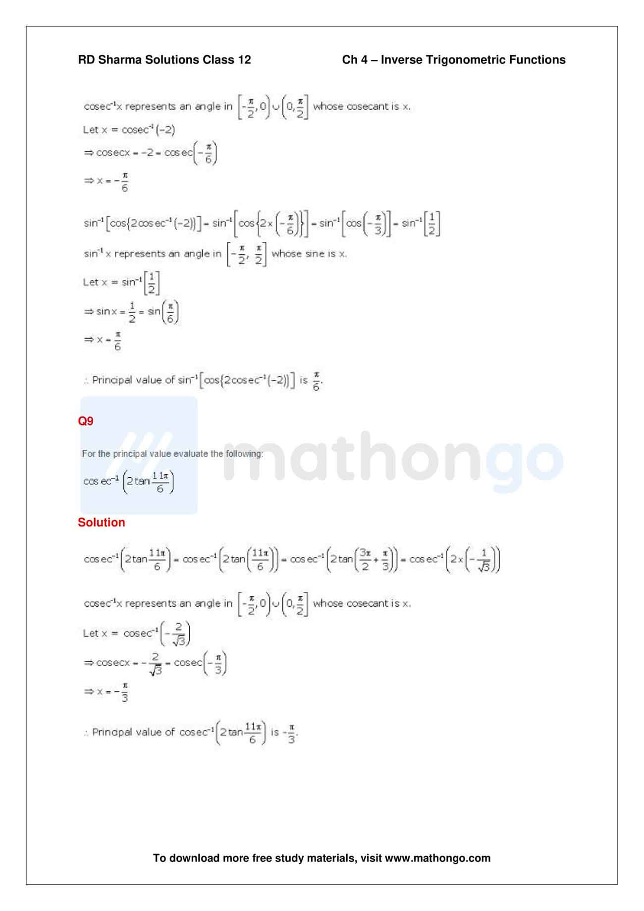RD Sharma Class 12 Maths Solutions Chapter 4 – Inverse Trigonometric Functions – MathonGo