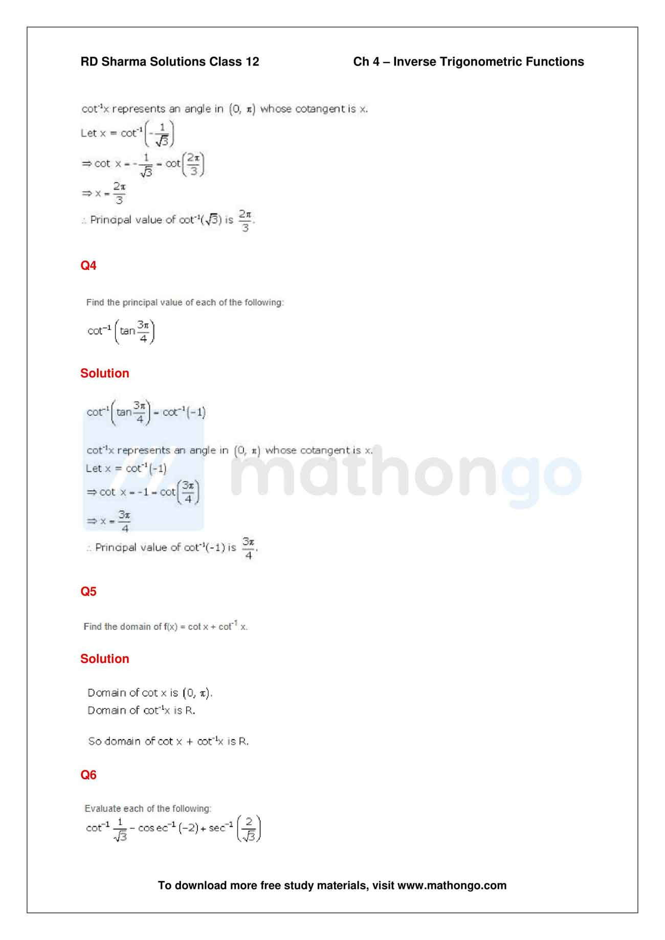 RD Sharma Class 12 Maths Solutions Chapter 4 – Inverse Trigonometric Functions – MathonGo