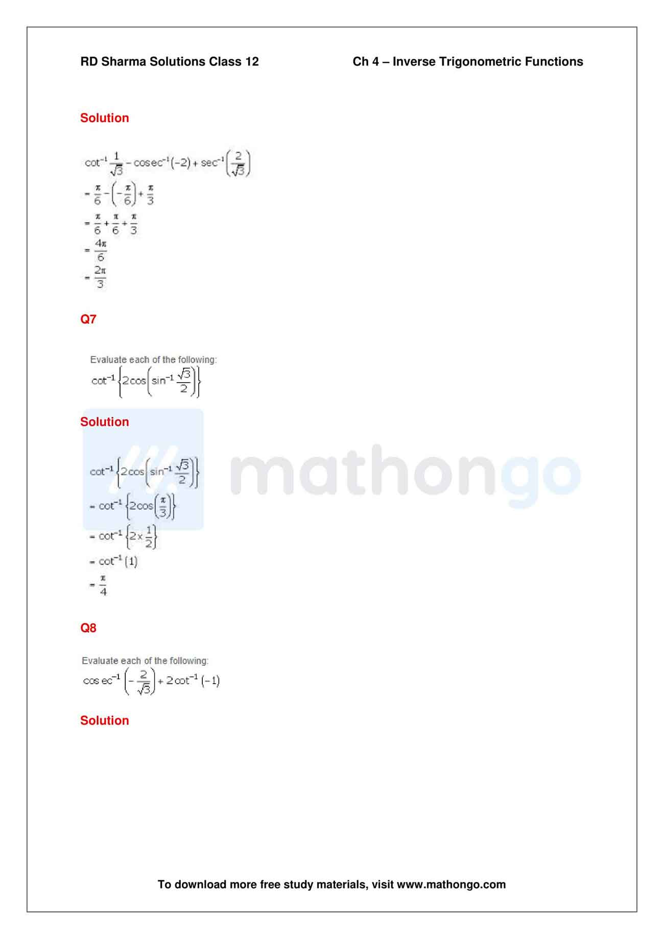 RD Sharma Class 12 Maths Solutions Chapter 4 – Inverse Trigonometric Functions – MathonGo