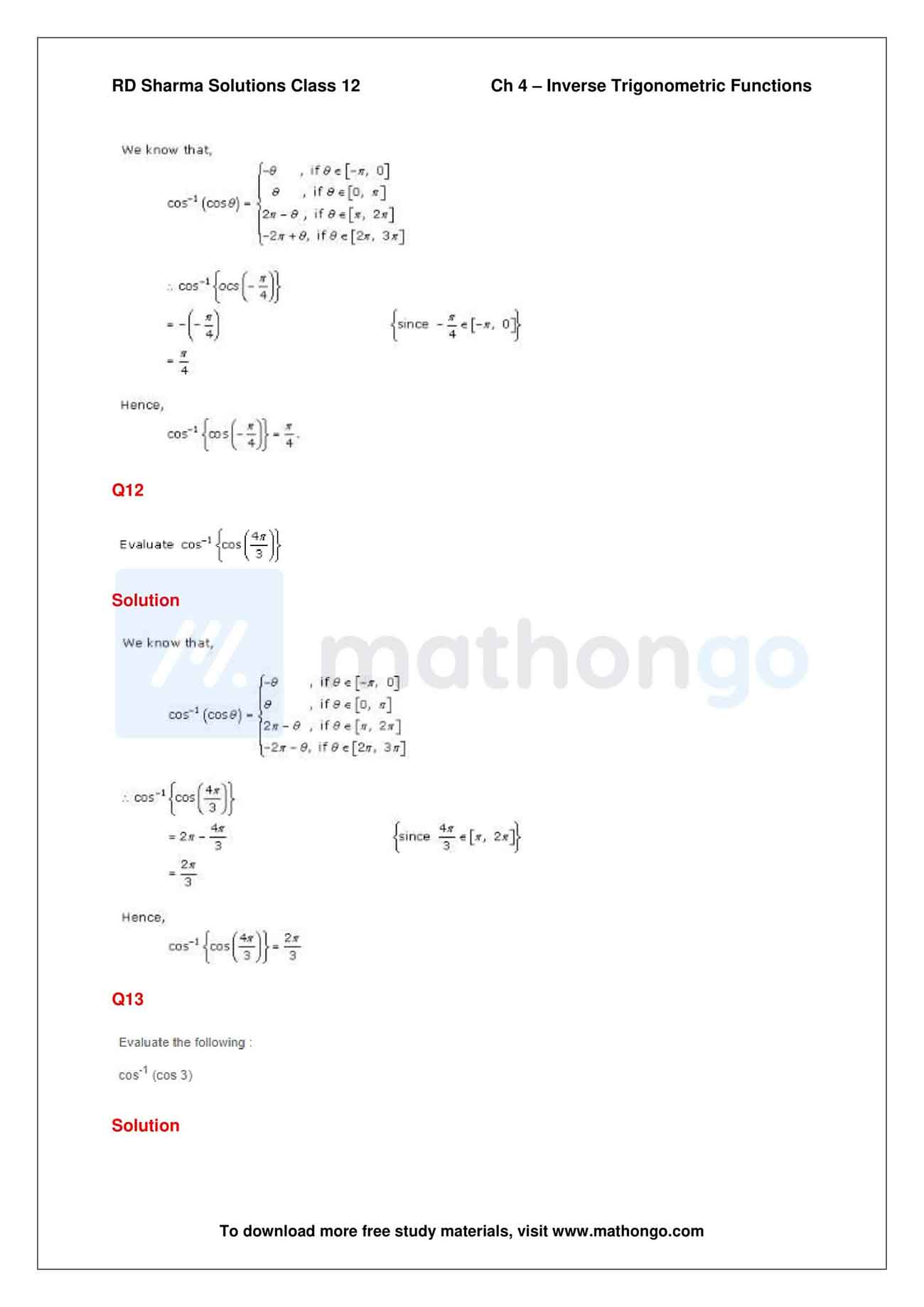 RD Sharma Class 12 Maths Solutions Chapter 4 – Inverse Trigonometric Functions – MathonGo