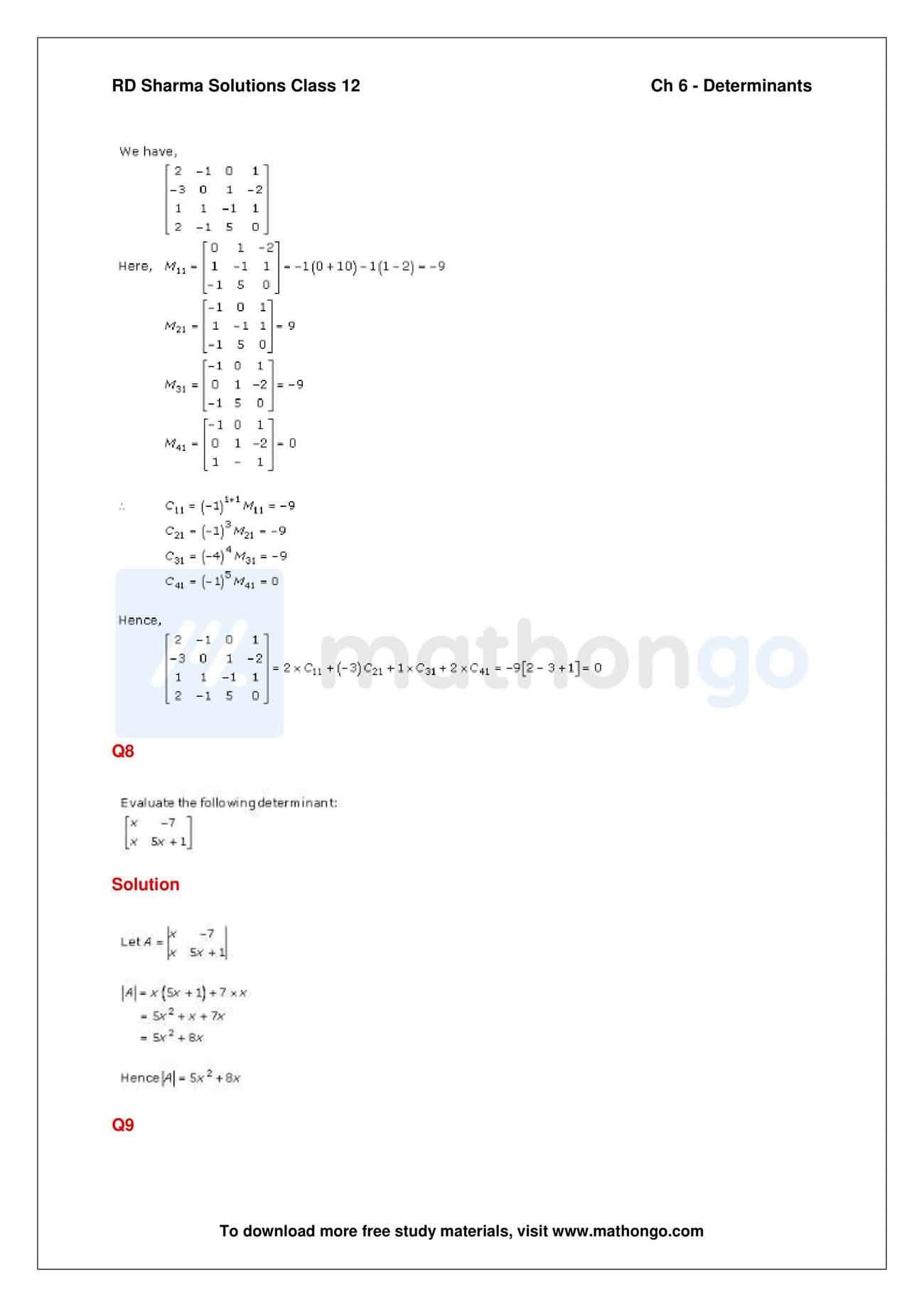 RD Sharma Class 12 Maths Solutions Chapter 6 – Determinants – MathonGo