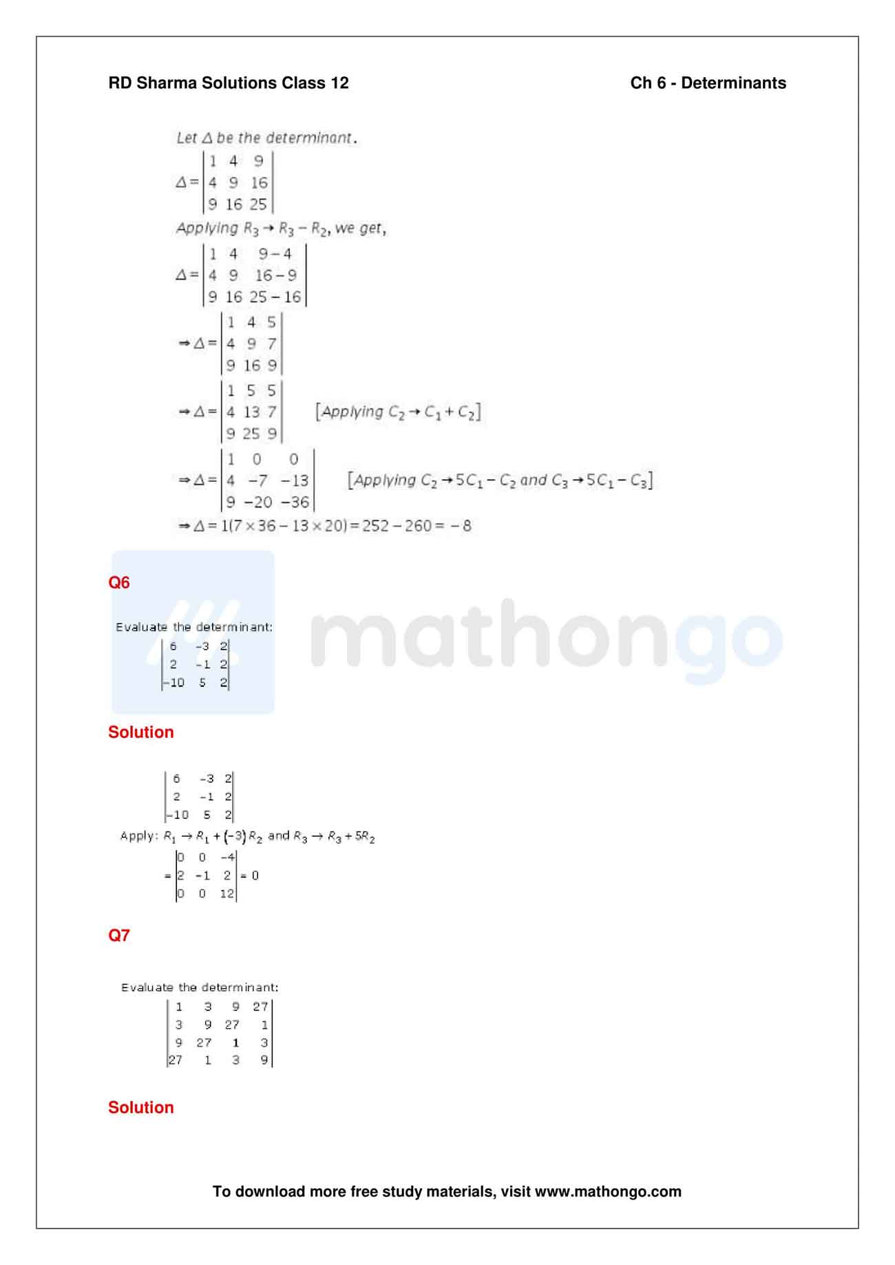 RD Sharma Class 12 Maths Solutions Chapter 6 – Determinants – MathonGo