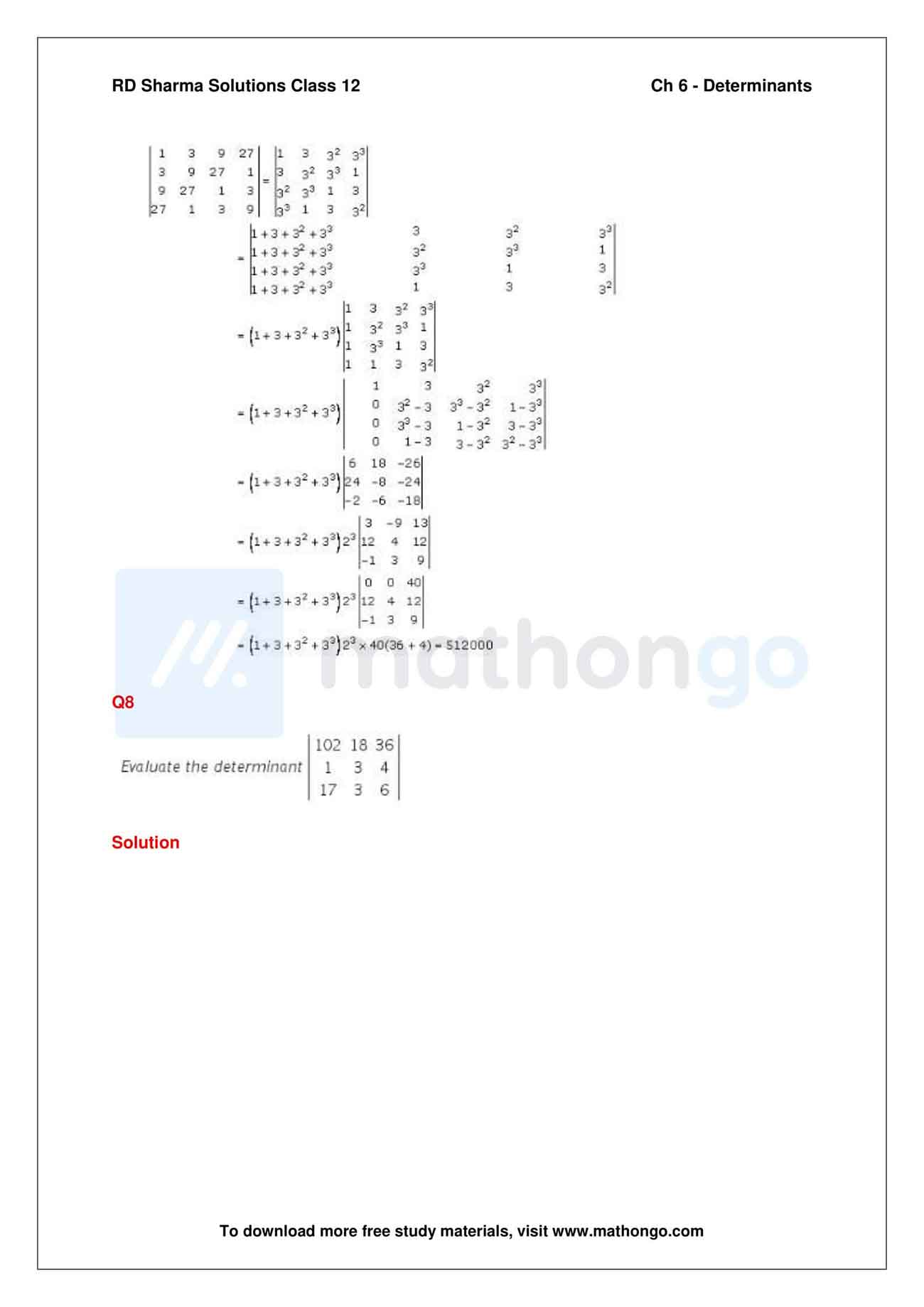 RD Sharma Class 12 Maths Solutions Chapter 6 – Determinants – MathonGo