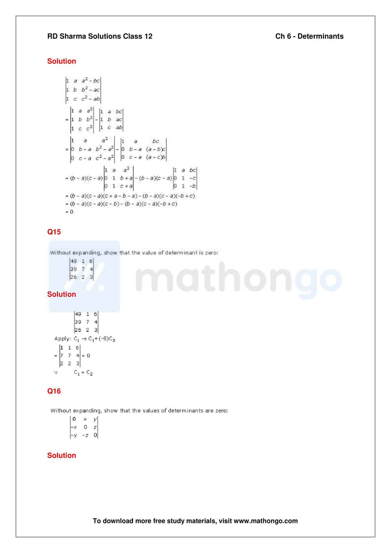 RD Sharma Class 12 Maths Solutions Chapter 6 – Determinants – MathonGo