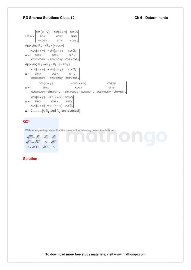 RD Sharma Class 12 Maths Solutions Chapter 6 – Determinants – MathonGo