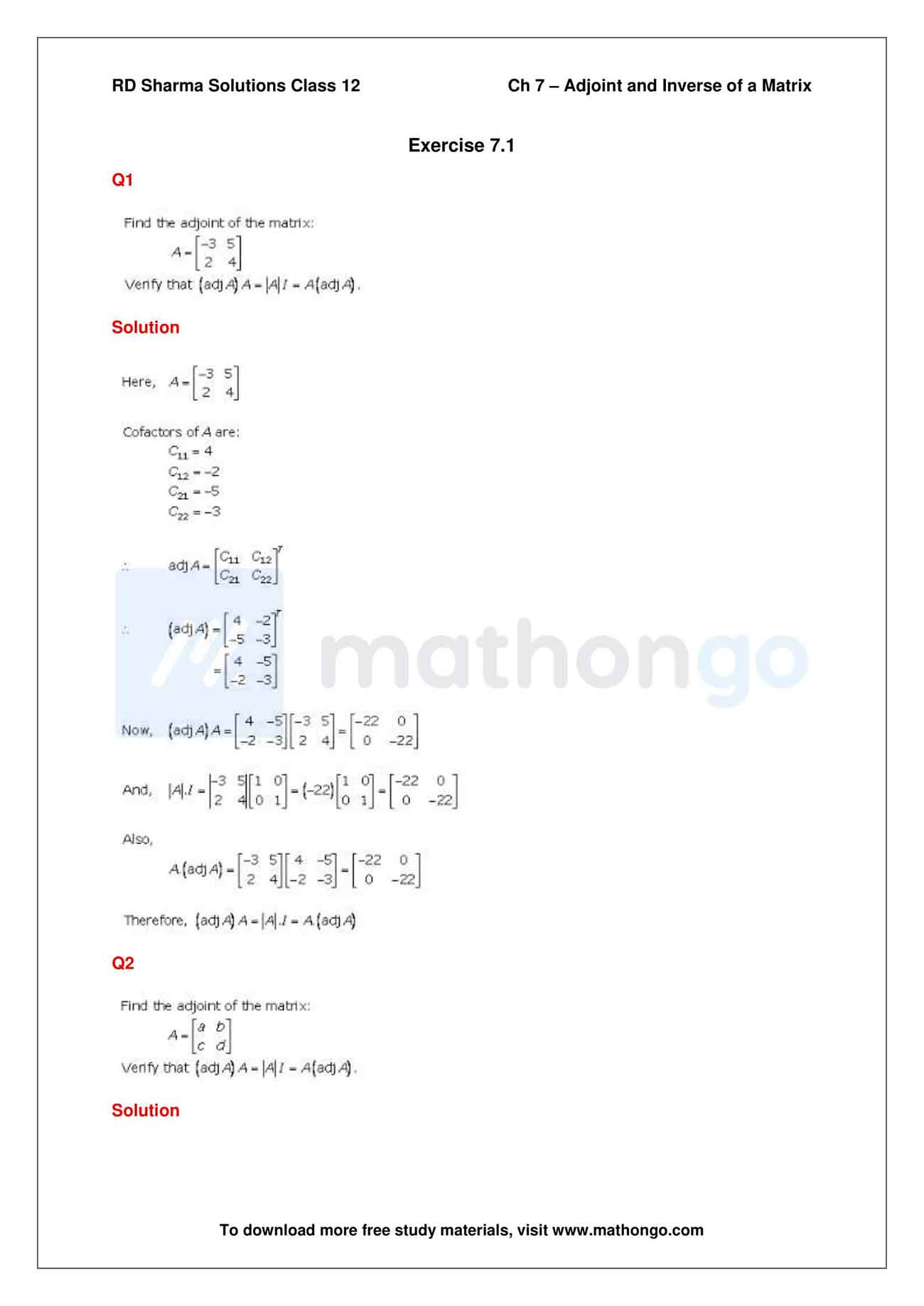 RD Sharma Class 12 Maths Solutions Chapter 7 – Adjoint and Inverse of a ...