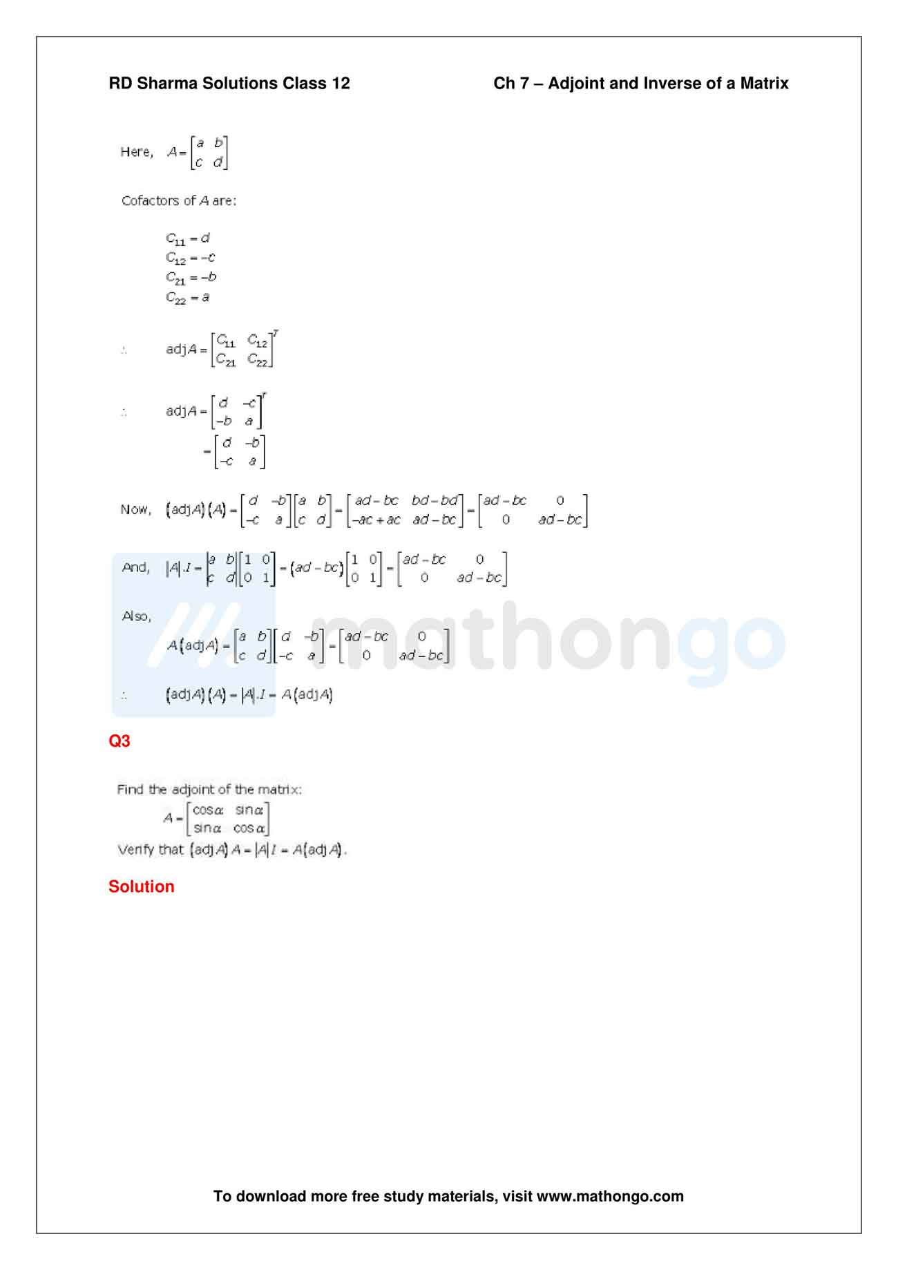 RD Sharma Class 12 Maths Solutions Chapter 7 – Adjoint and Inverse of a ...