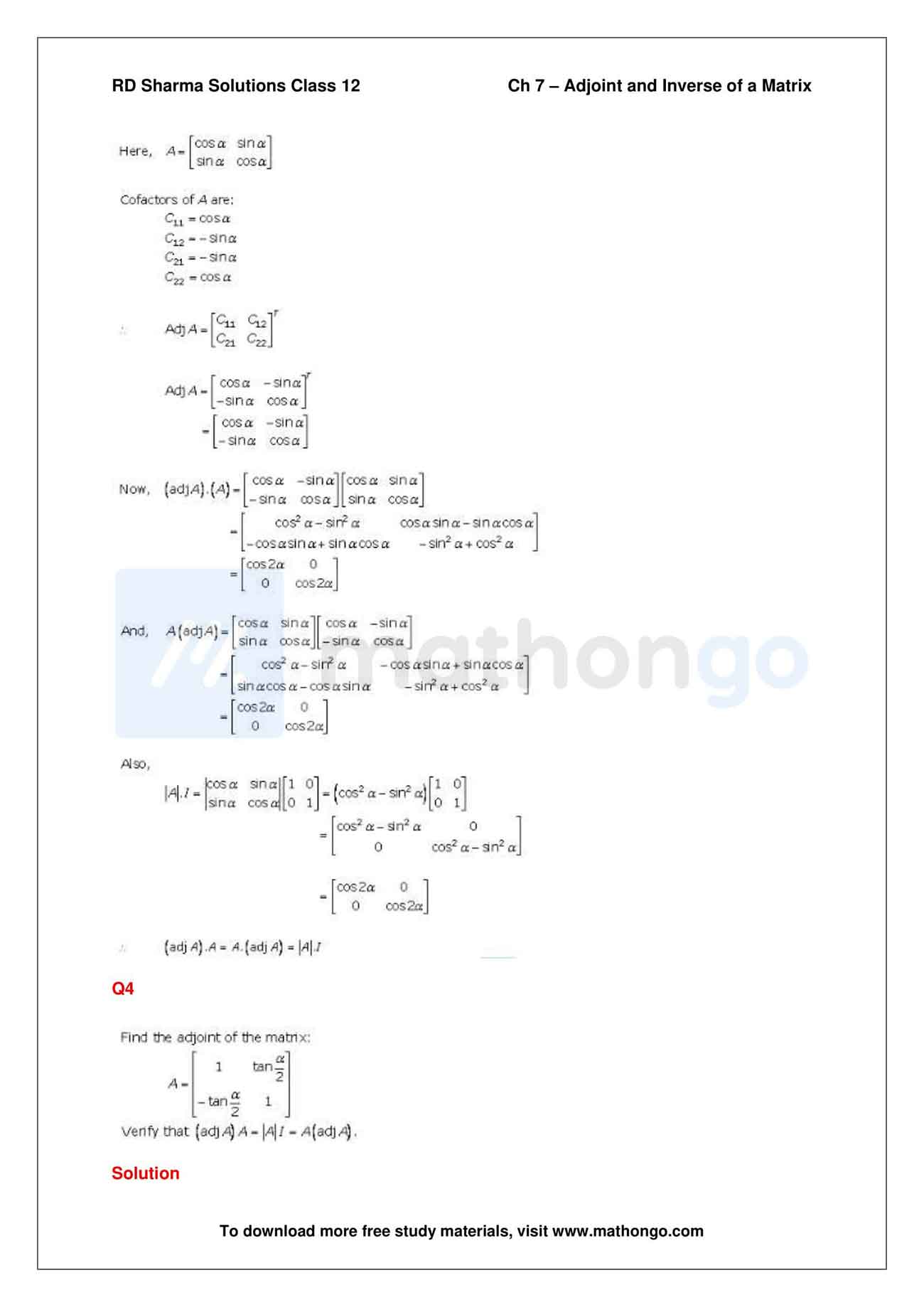 RD Sharma Class 12 Maths Solutions Chapter 7 – Adjoint and Inverse of a ...