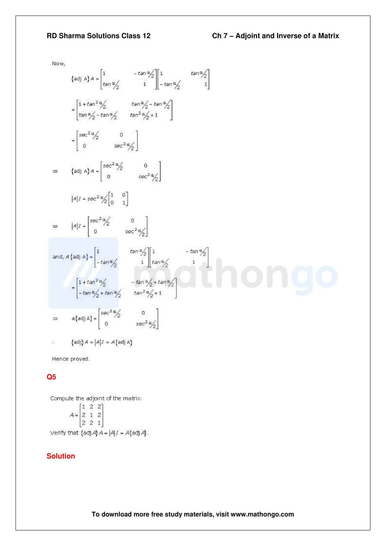 RD Sharma Class 12 Maths Solutions Chapter 7 – Adjoint and Inverse of a ...