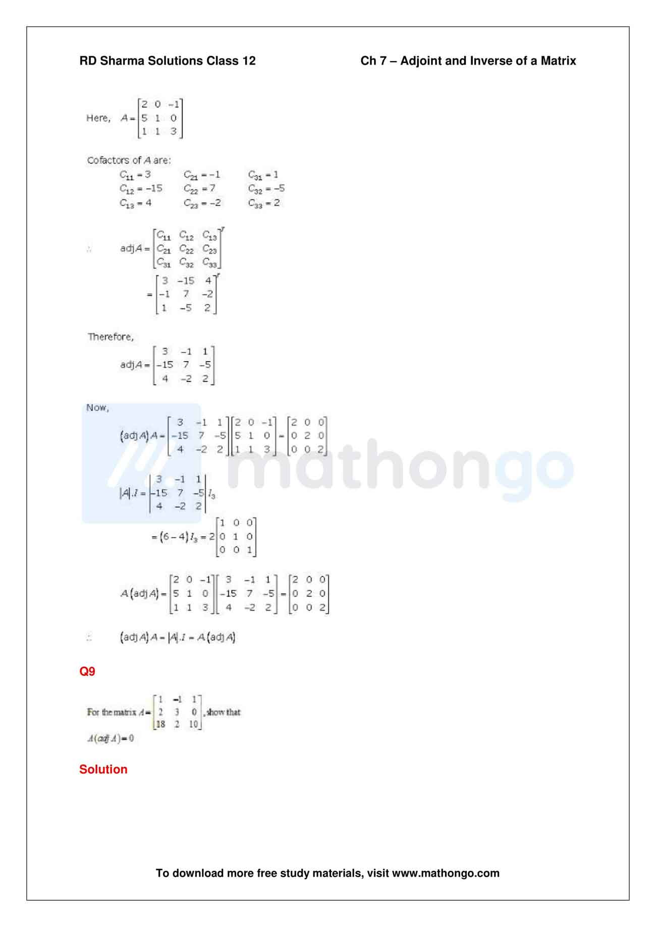 RD Sharma Class 12 Maths Solutions Chapter 7 – Adjoint and Inverse of a ...