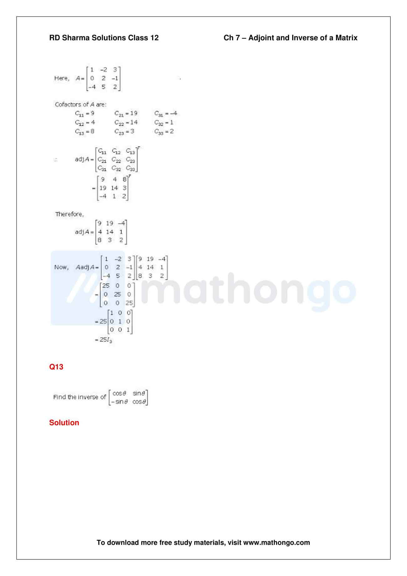 RD Sharma Class 12 Maths Solutions Chapter 7 – Adjoint and Inverse of a ...