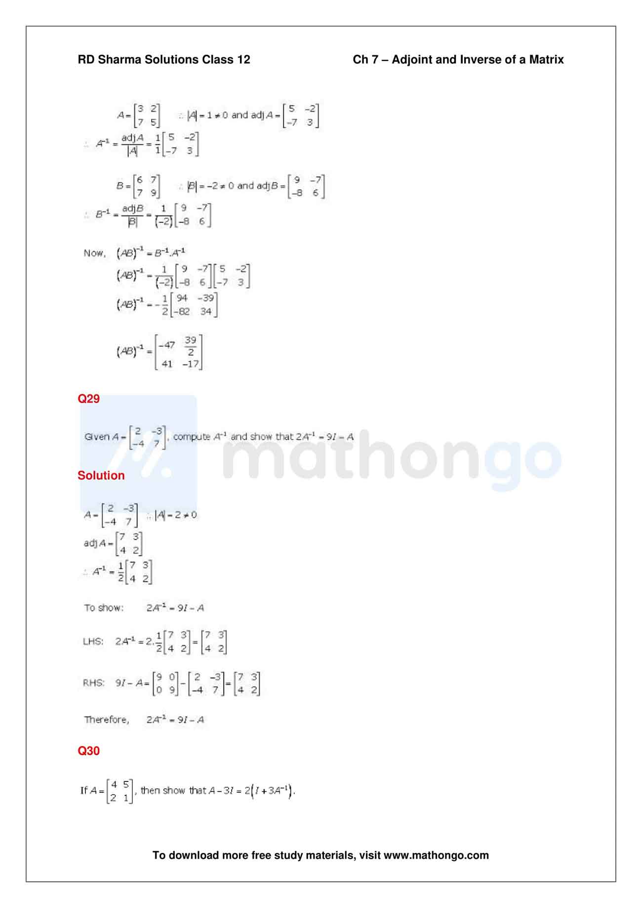 RD Sharma Class 12 Maths Solutions Chapter 7 – Adjoint and Inverse of a ...