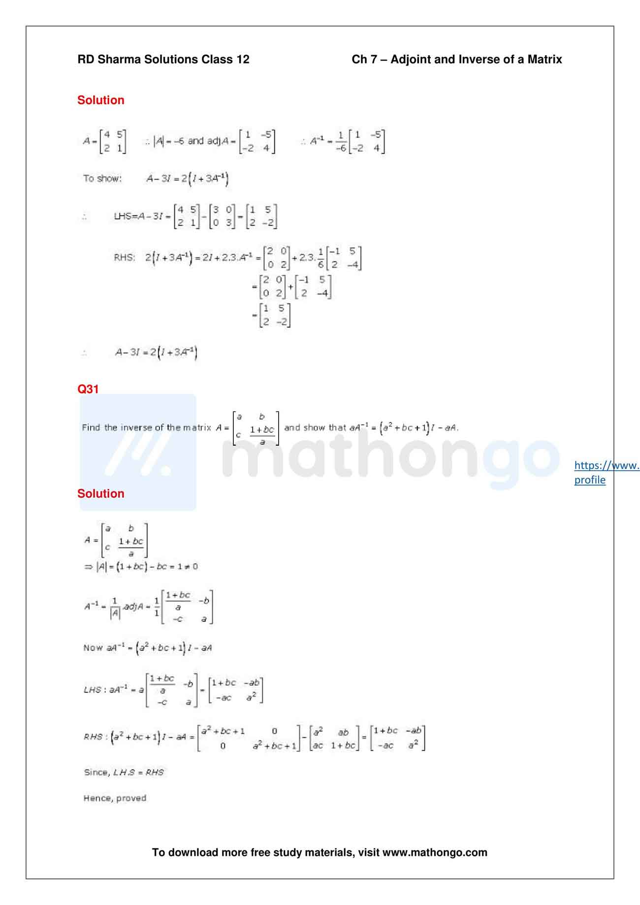 RD Sharma Class 12 Maths Solutions Chapter 7 – Adjoint and Inverse of a ...