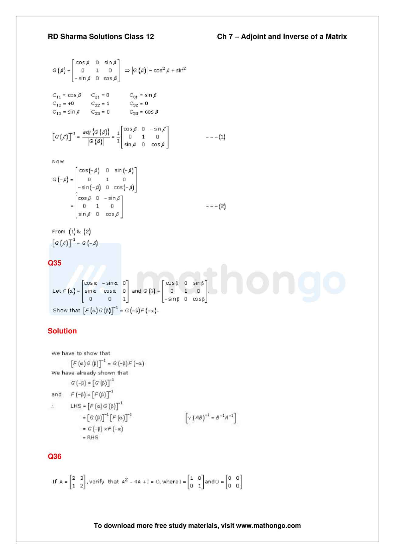 RD Sharma Class 12 Maths Solutions Chapter 7 – Adjoint and Inverse of a ...
