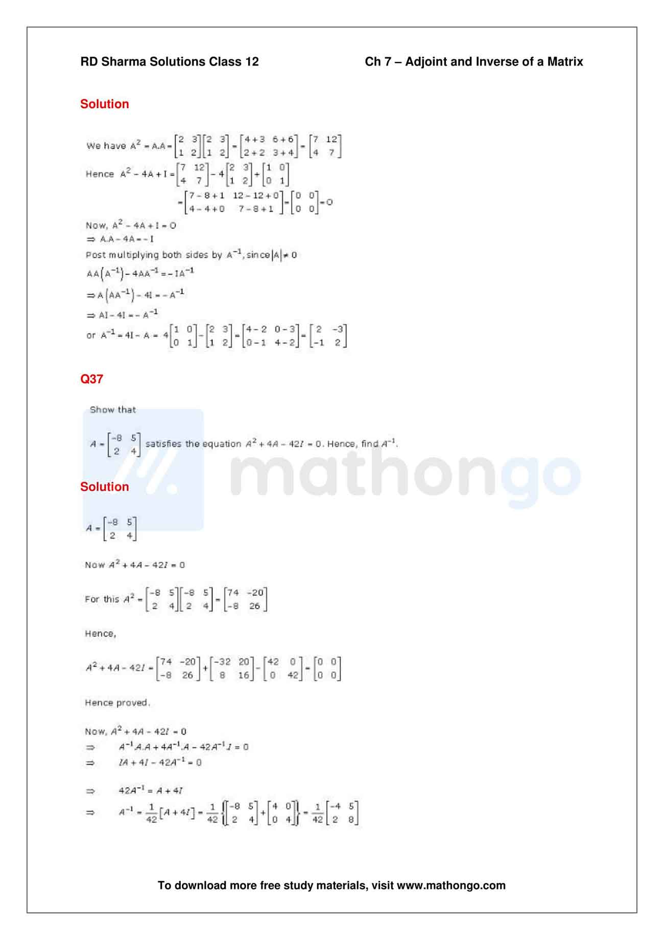 RD Sharma Class 12 Maths Solutions Chapter 7 – Adjoint and Inverse of a ...