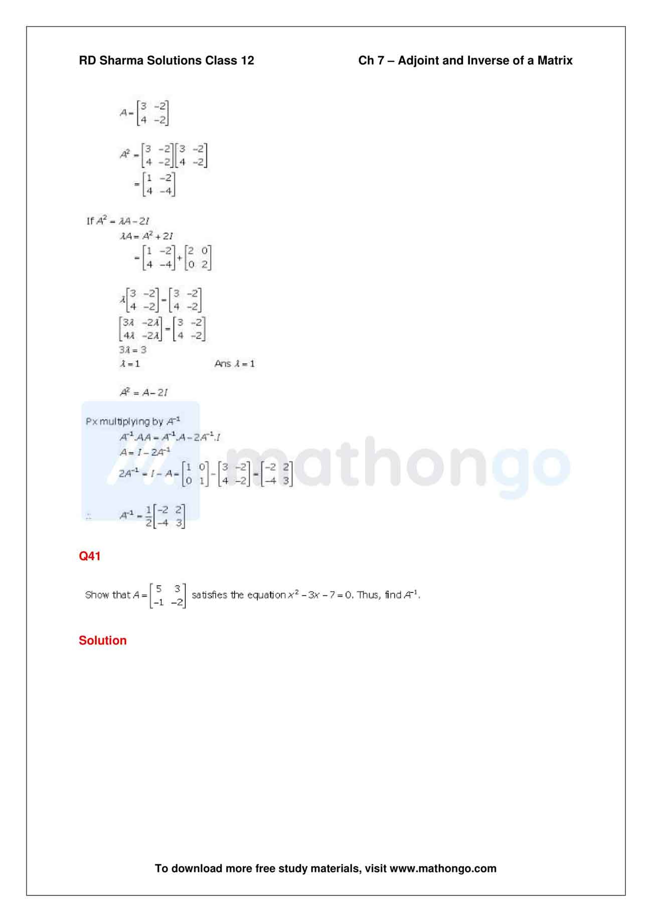 RD Sharma Class 12 Solutions Chapter 7 - Adjoint and Inverse of a ...
