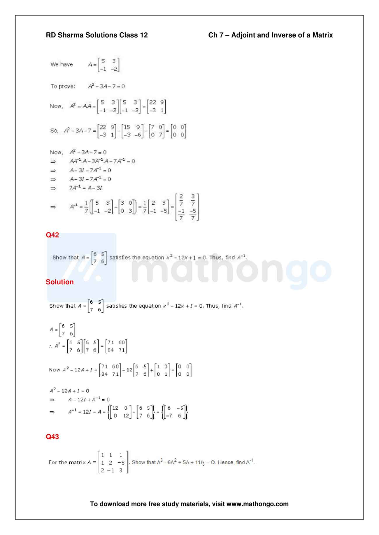 RD Sharma Class 12 Solutions Chapter 7 - Adjoint and Inverse of a ...