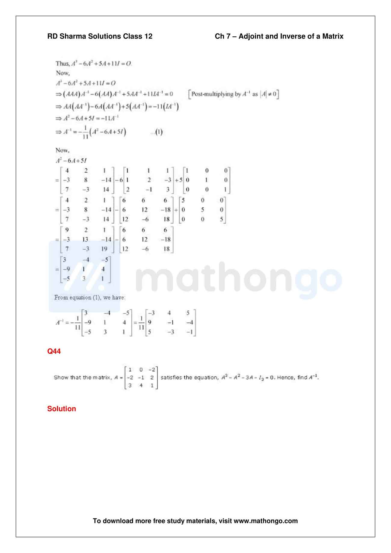 RD Sharma Class 12 Solutions Chapter 7 - Adjoint and Inverse of a ...