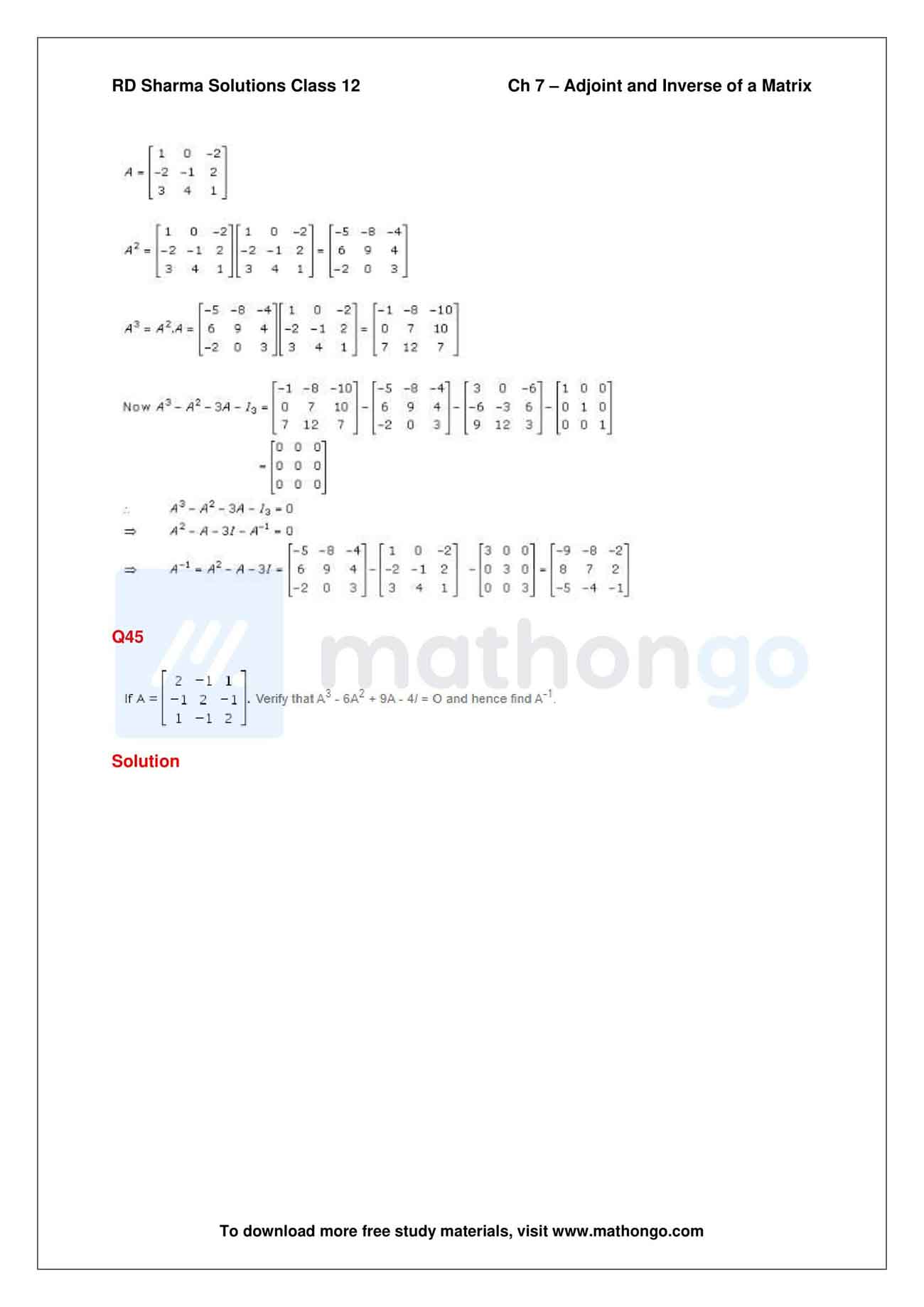 RD Sharma Class 12 Solutions Chapter 7 - Adjoint and Inverse of a ...