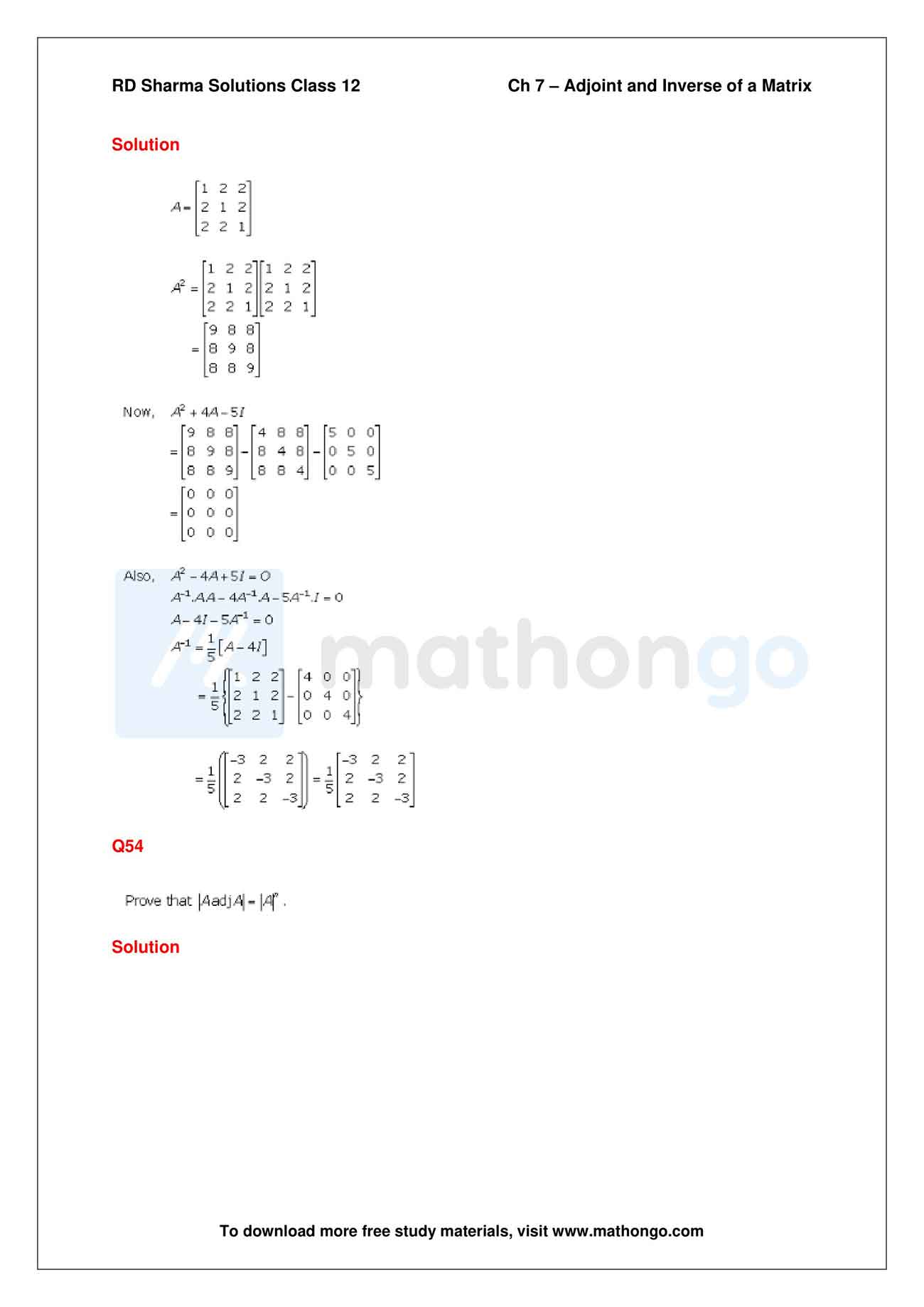 RD Sharma Class 12 Maths Solutions Chapter 7 – Adjoint and Inverse of a ...