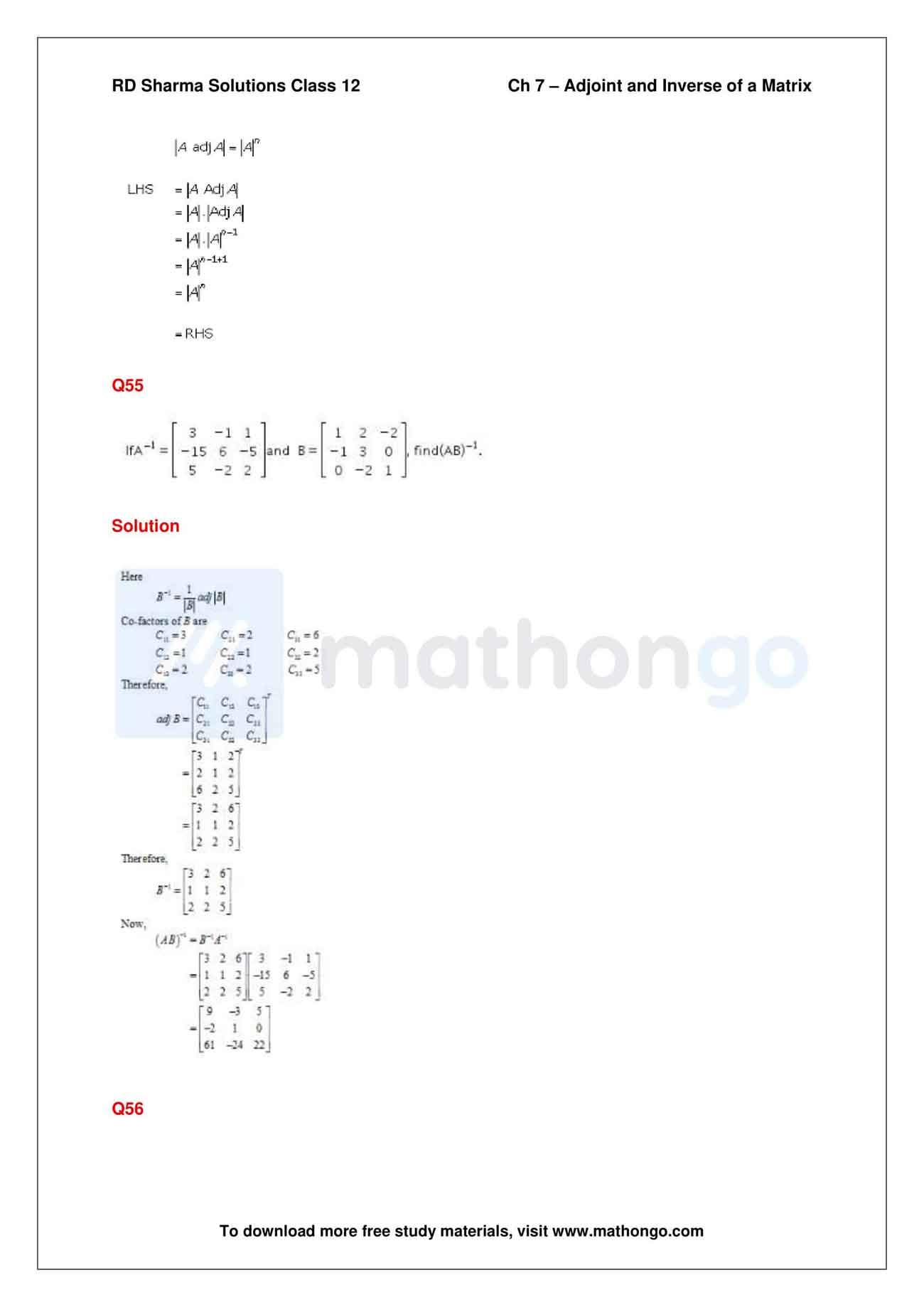 RD Sharma Class 12 Maths Solutions Chapter 7 – Adjoint and Inverse of a ...