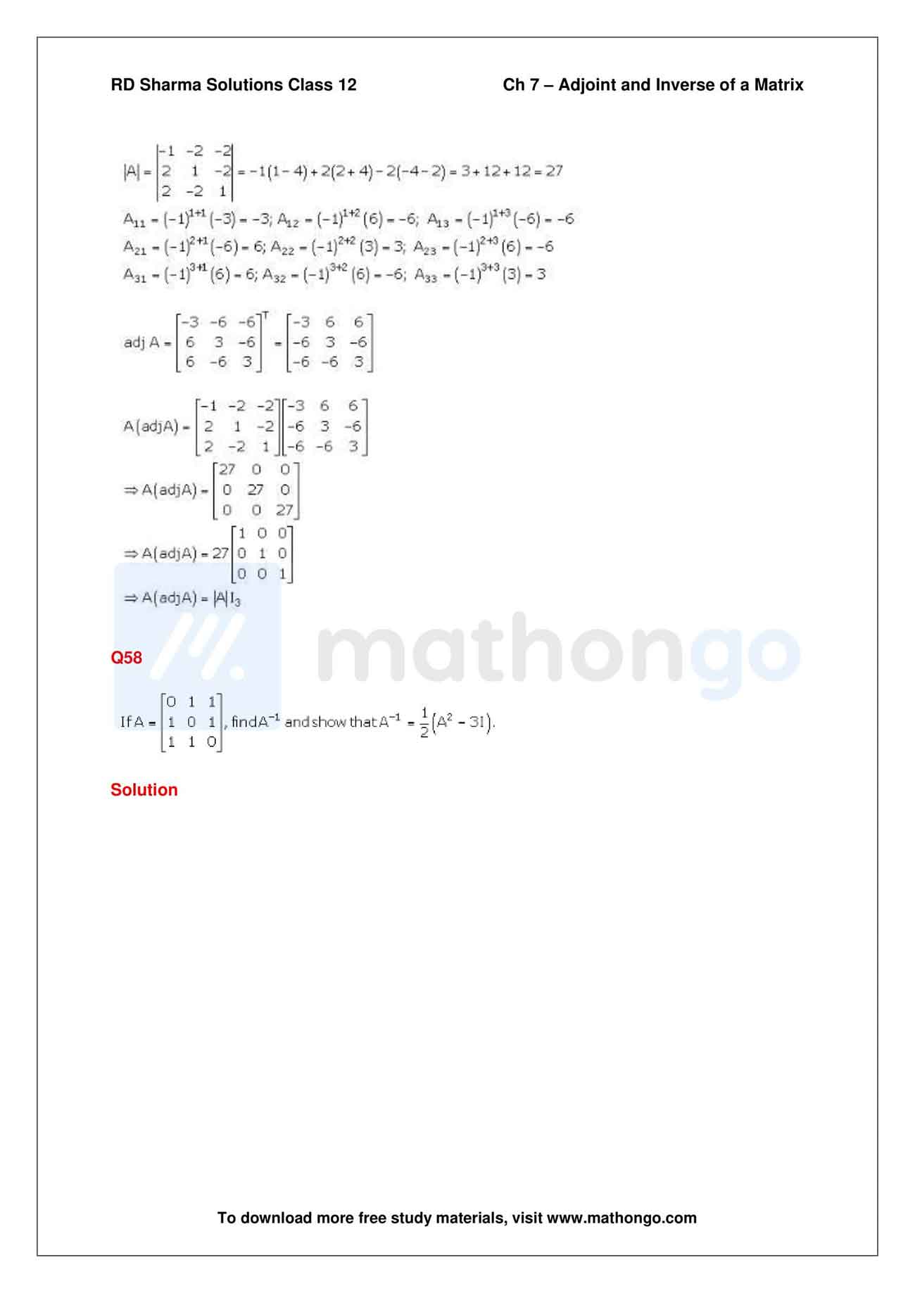 RD Sharma Class 12 Maths Solutions Chapter 7 – Adjoint and Inverse of a ...