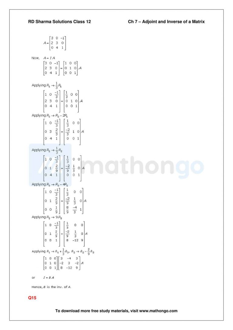 RD Sharma Class 12 Maths Solutions Chapter 7 – Adjoint and Inverse of a ...
