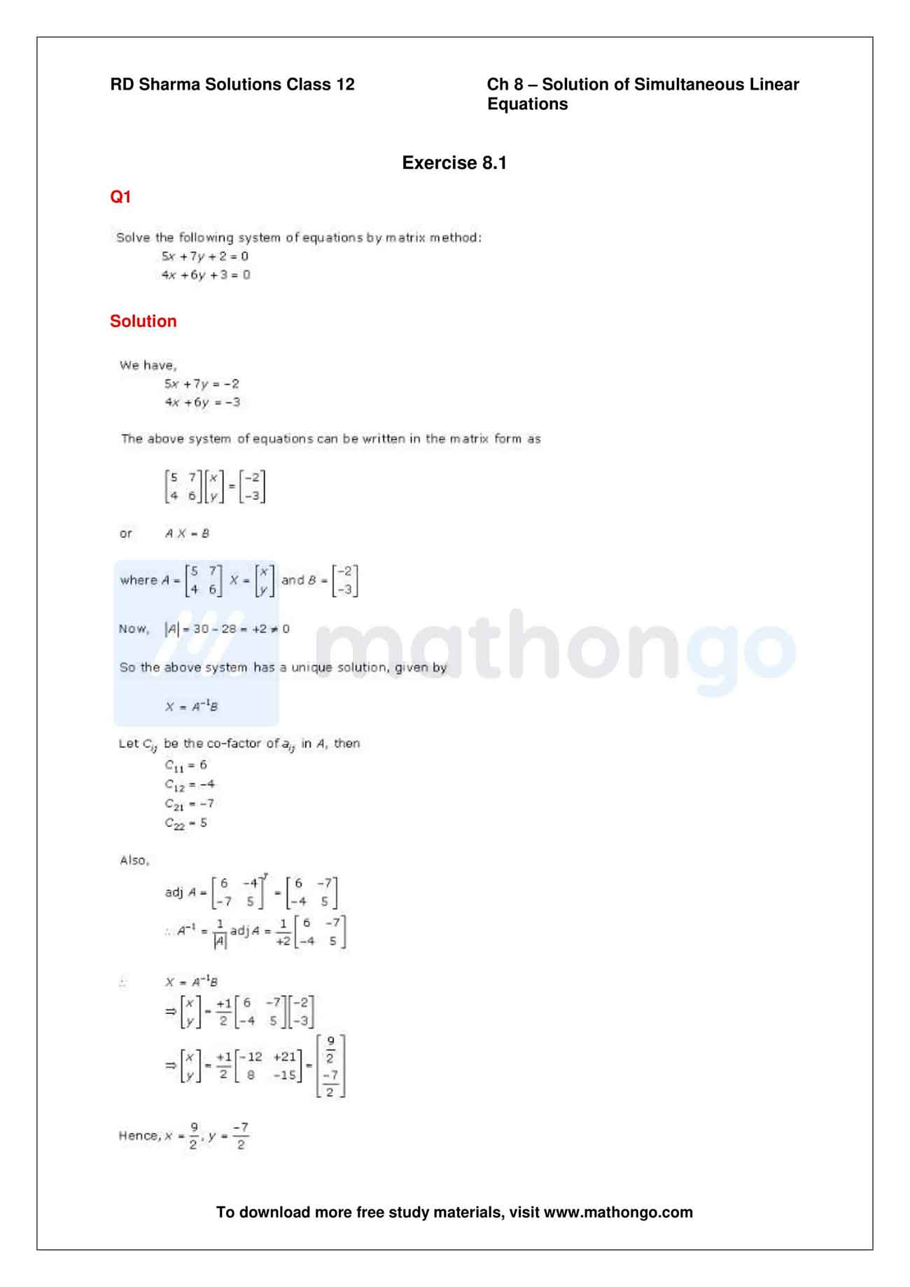 RD Sharma Class 12 Maths Solutions Chapter 8 – Solution of Simultaneous ...