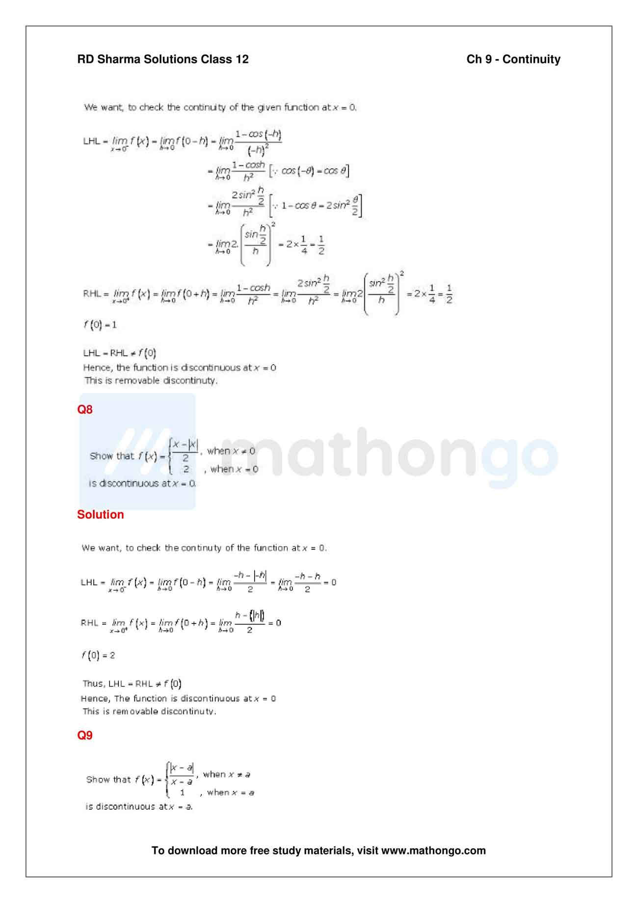 RD Sharma Class 12 Maths Solutions Chapter 9 – Continuity – MathonGo