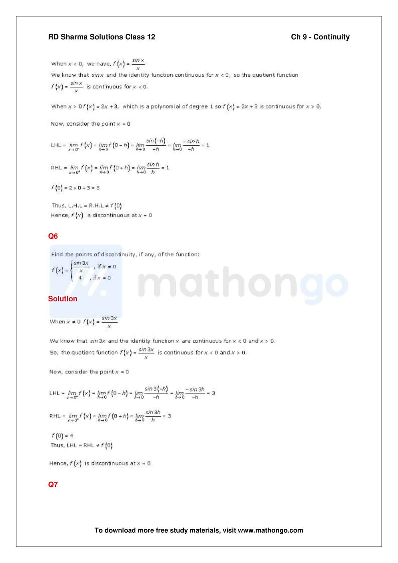 RD Sharma Class 12 Maths Solutions Chapter 9 – Continuity – MathonGo