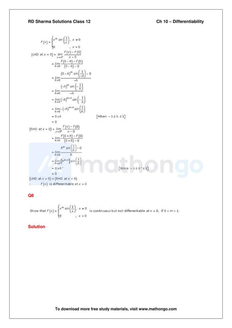 RD Sharma Class 12 Maths Solutions Chapter 10 – Differentiability – MathonGo