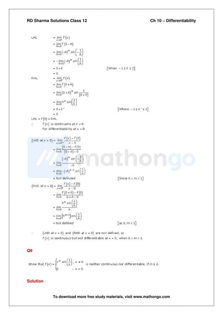RD Sharma Class 12 Maths Solutions Chapter 10 – Differentiability – MathonGo