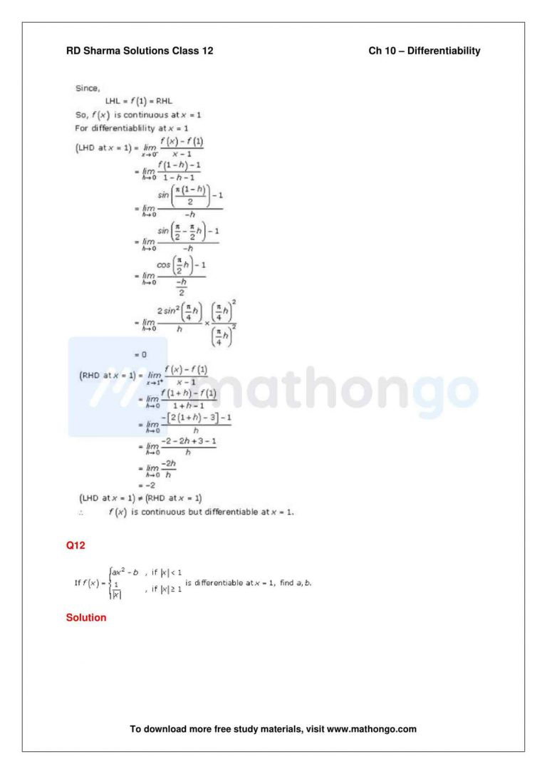 RD Sharma Class 12 Maths Solutions Chapter 10 – Differentiability – MathonGo