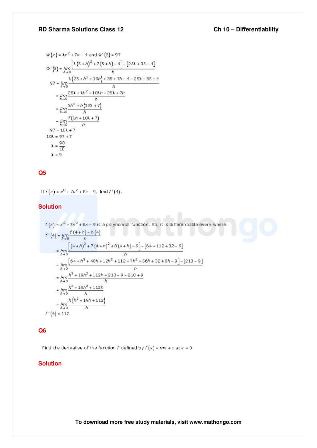 RD Sharma Class 12 Maths Solutions Chapter 10 – Differentiability – MathonGo