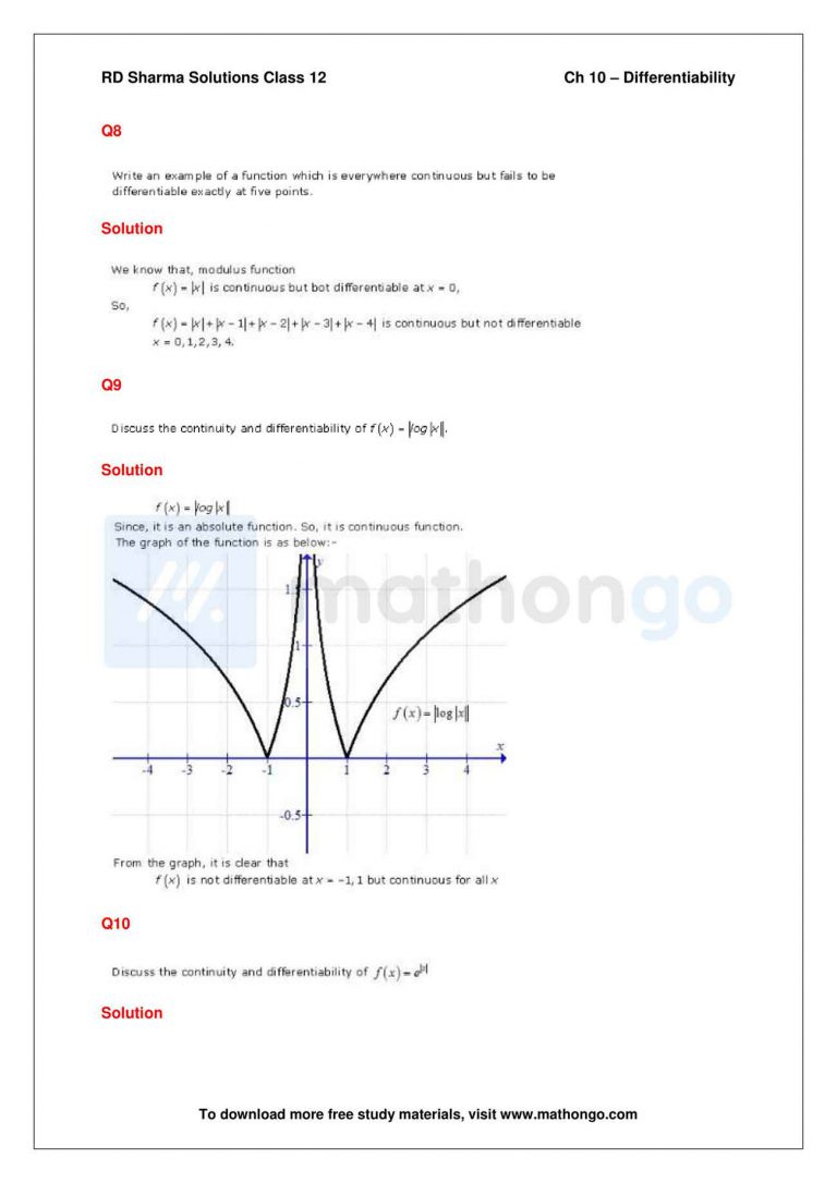 RD Sharma Class 12 Maths Solutions Chapter 10 – Differentiability – MathonGo