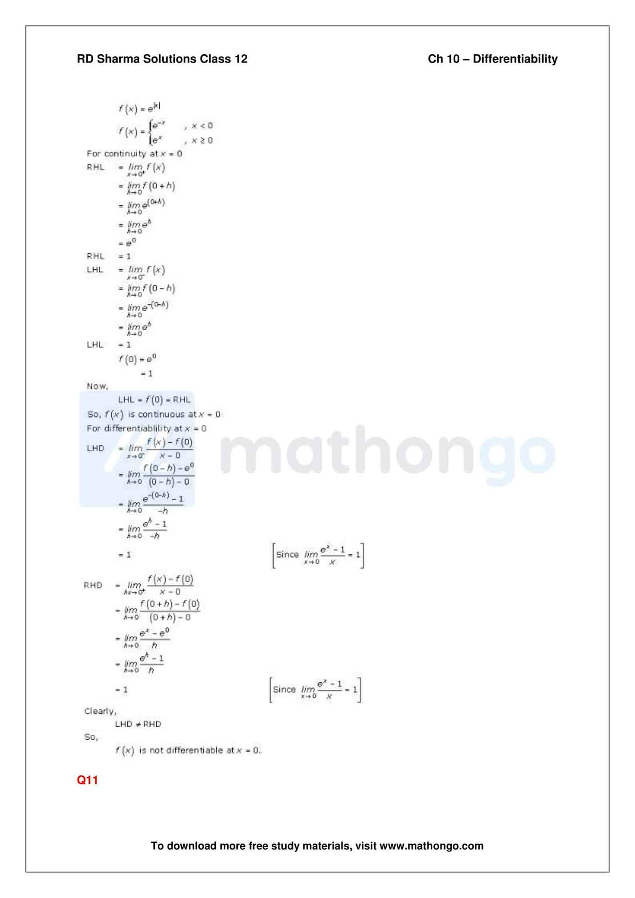 RD Sharma Class 12 Maths Solutions Chapter 10 – Differentiability – MathonGo