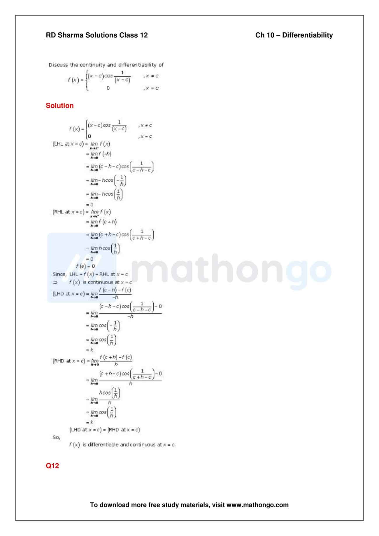 RD Sharma Class 12 Maths Solutions Chapter 10 – Differentiability – MathonGo