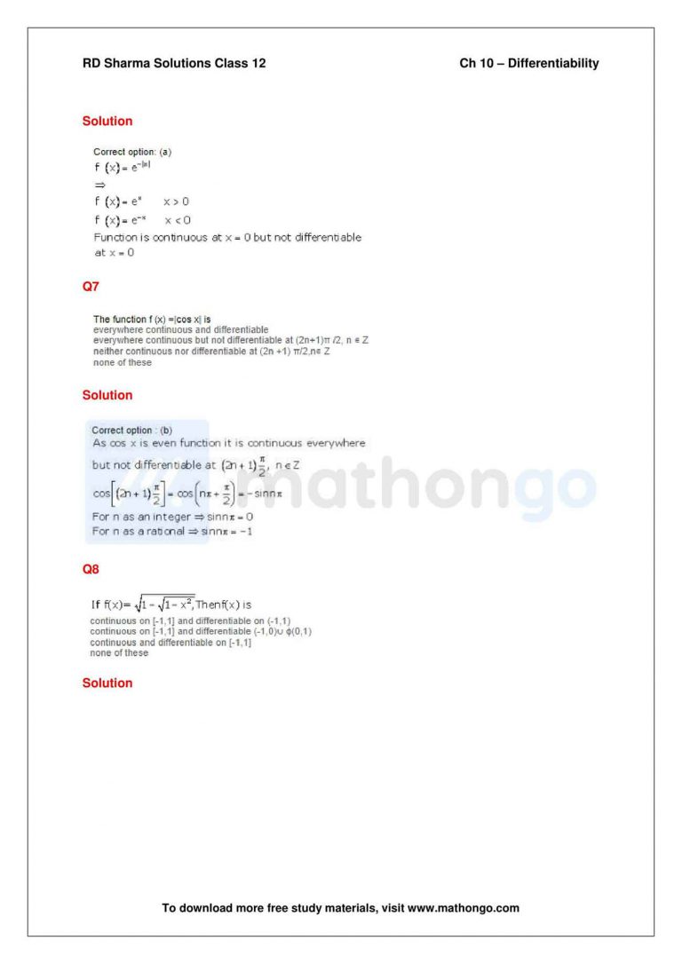 RD Sharma Class 12 Maths Solutions Chapter 10 – Differentiability – MathonGo