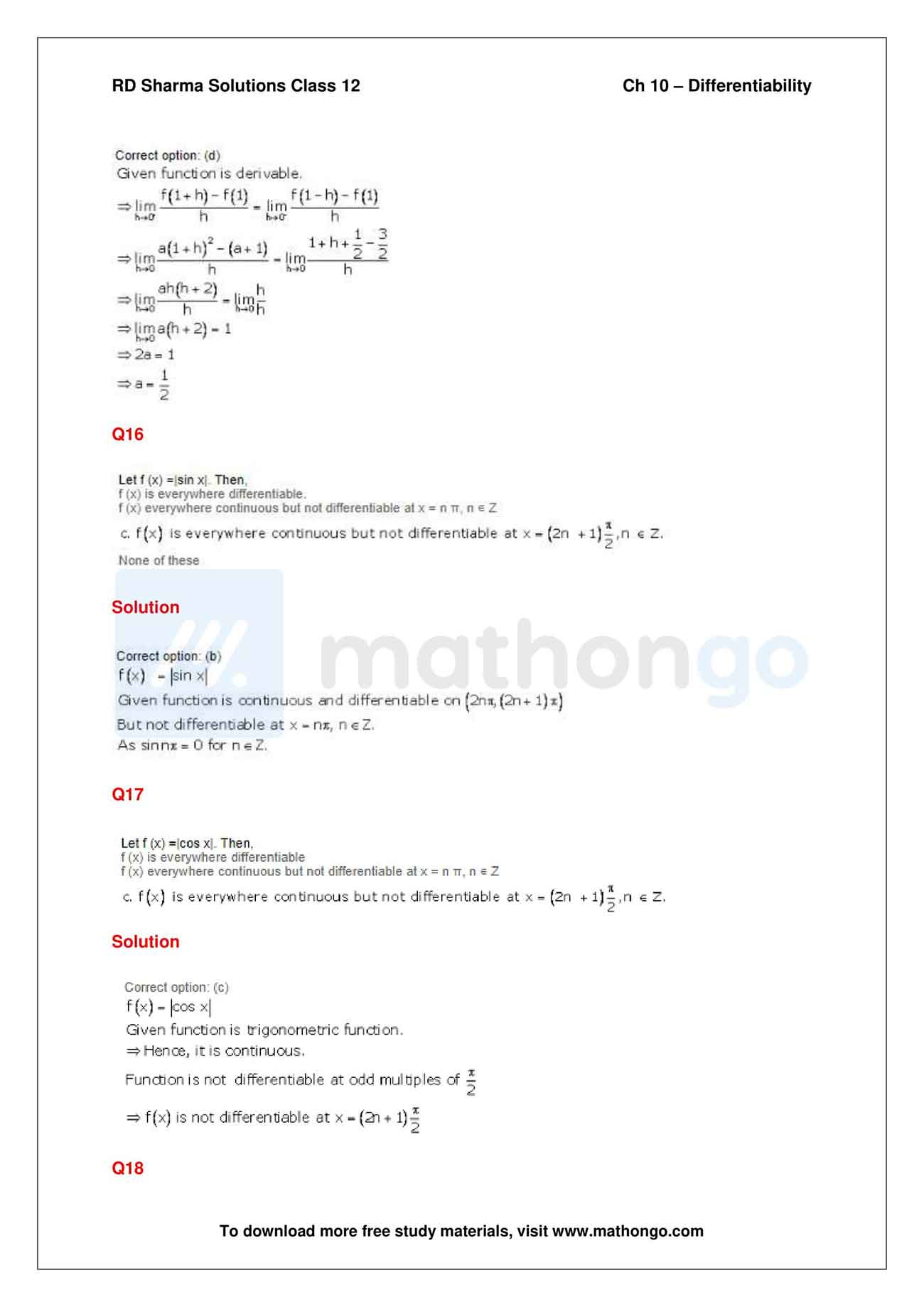 RD Sharma Class 12 Maths Solutions Chapter 10 – Differentiability – MathonGo