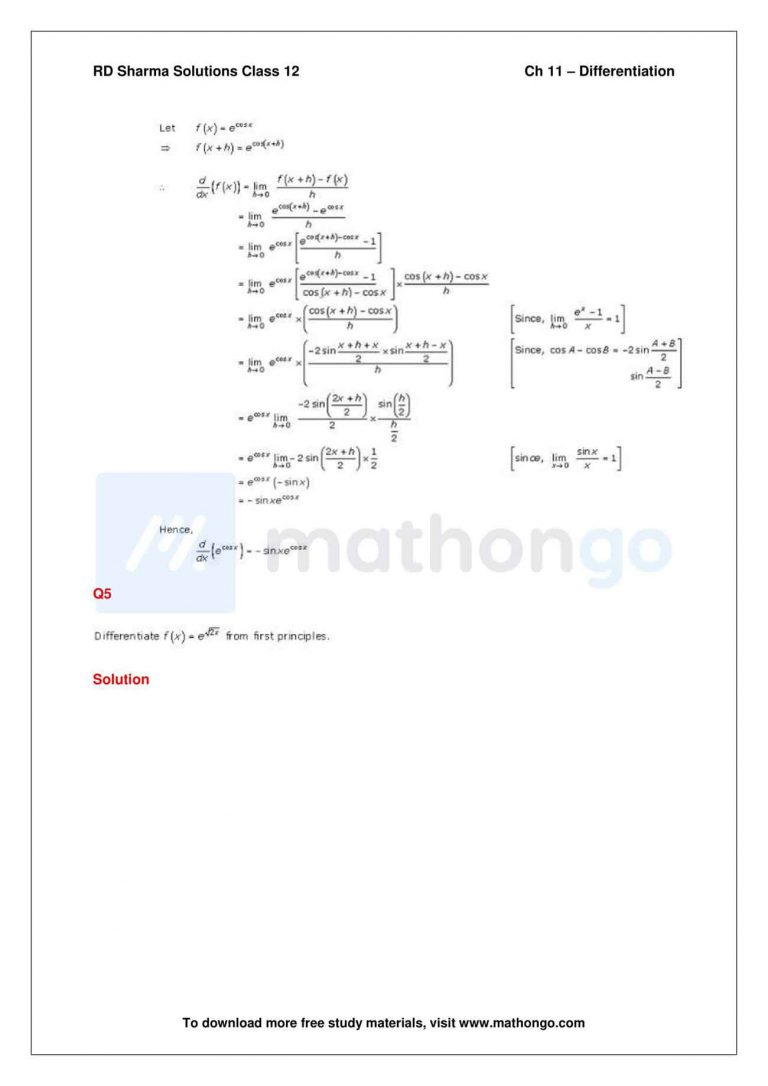 RD Sharma Class 12 Maths Solutions Chapter 11 – Differentiation – MathonGo