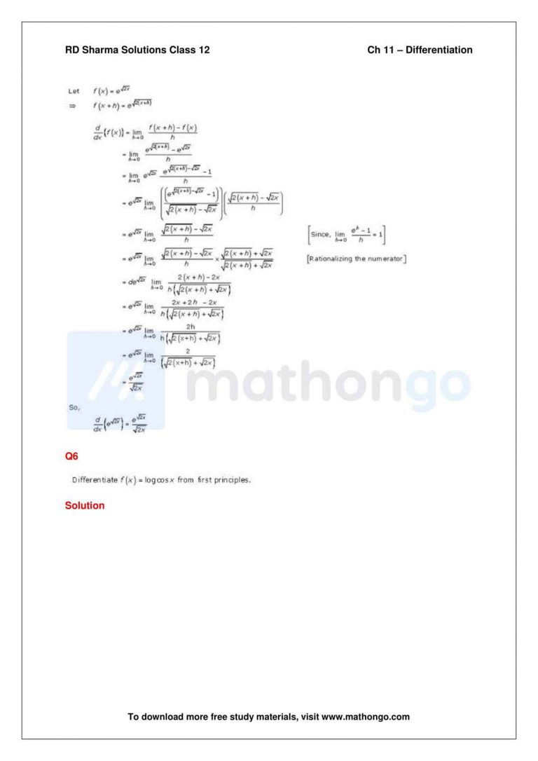 RD Sharma Class 12 Maths Solutions Chapter 11 – Differentiation – MathonGo