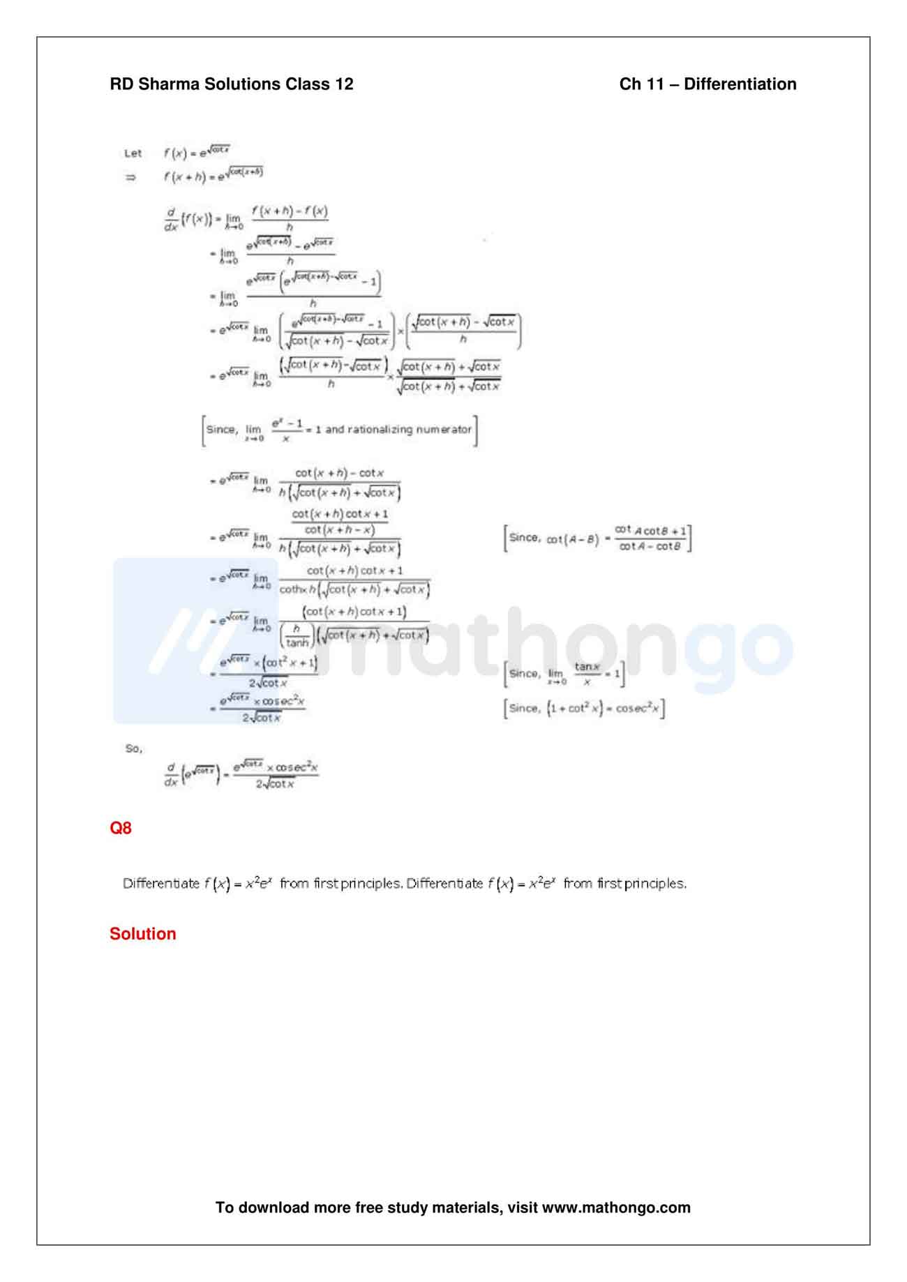 RD Sharma Class 12 Maths Solutions Chapter 11 – Differentiation – MathonGo